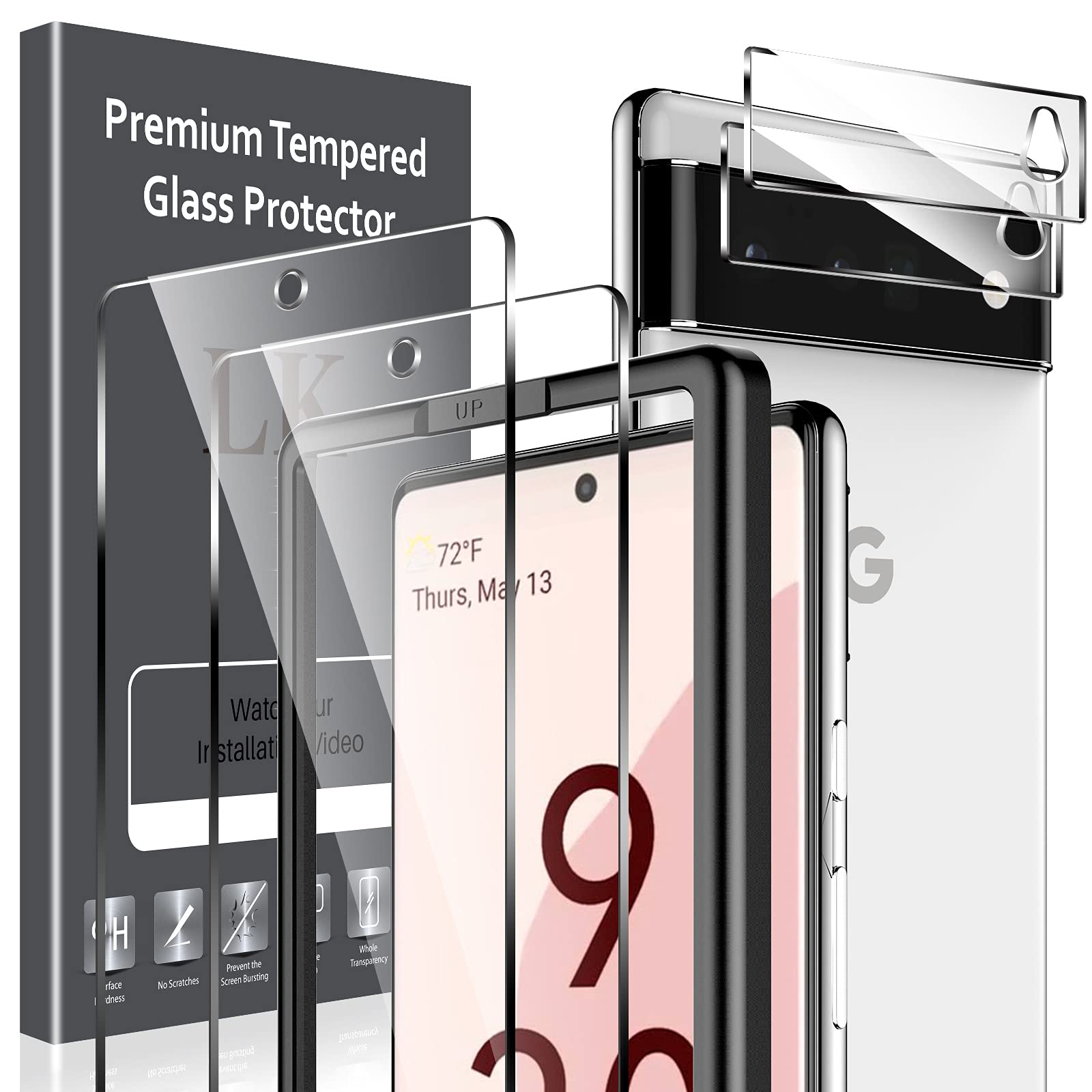 LK 2 Pack Screen Protector Compatible for Google Pixel 6 5G with 2 Pack Camera Lens Protector [Not fit for Google Pixel 6 Pro] Easy Install Tray, HD Clear 9H Hardness temepred galss for Pixel 6
