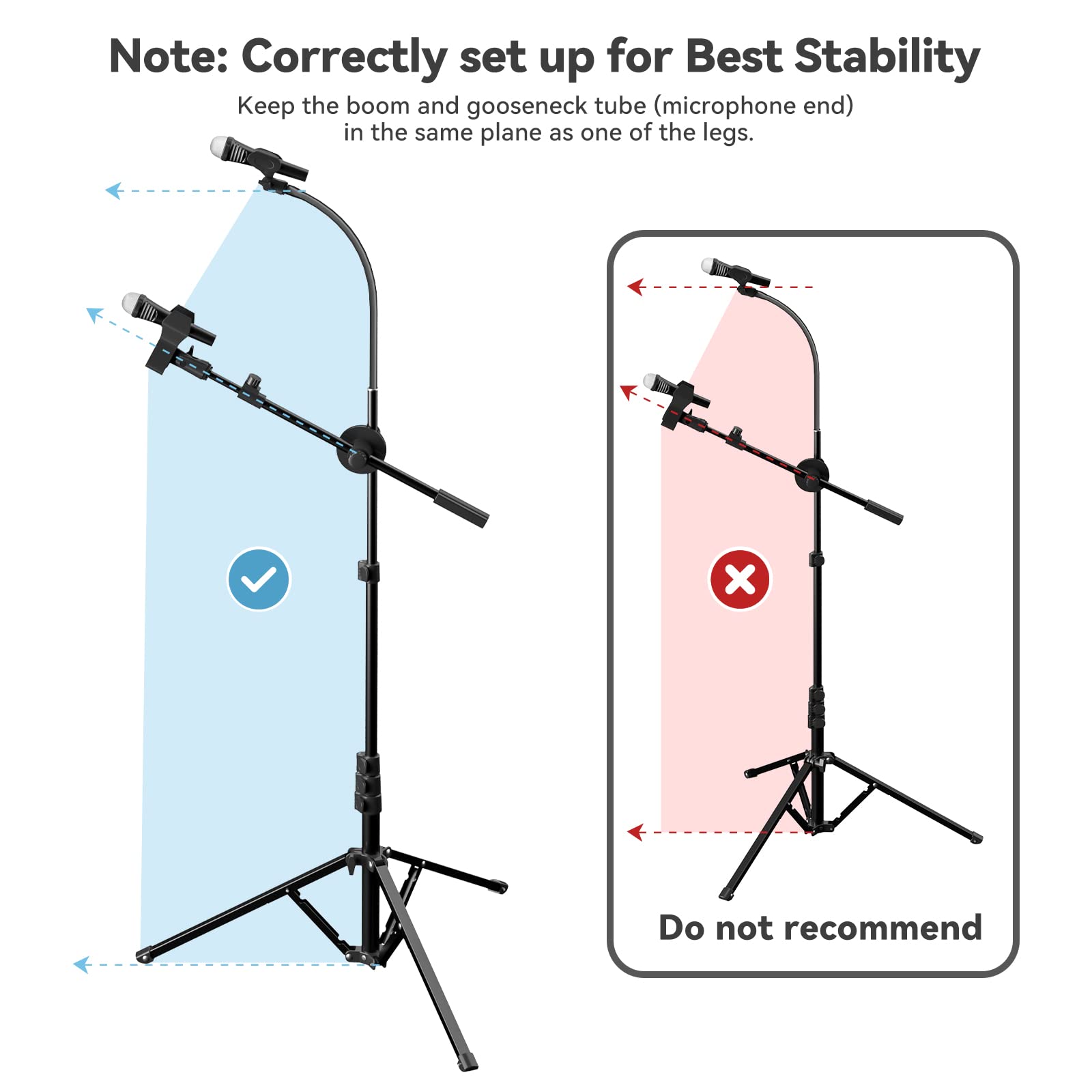 Microphone Tripod Stand, KDD Gooseneck Mic Boom Arm Stand Height Adjustable 30" - 80" with Two Mic Clips, Two Mic Arms and 3/8" to 5/8" Adapter for Singing, Stage, Blue Yeti Snowball, Most Mics