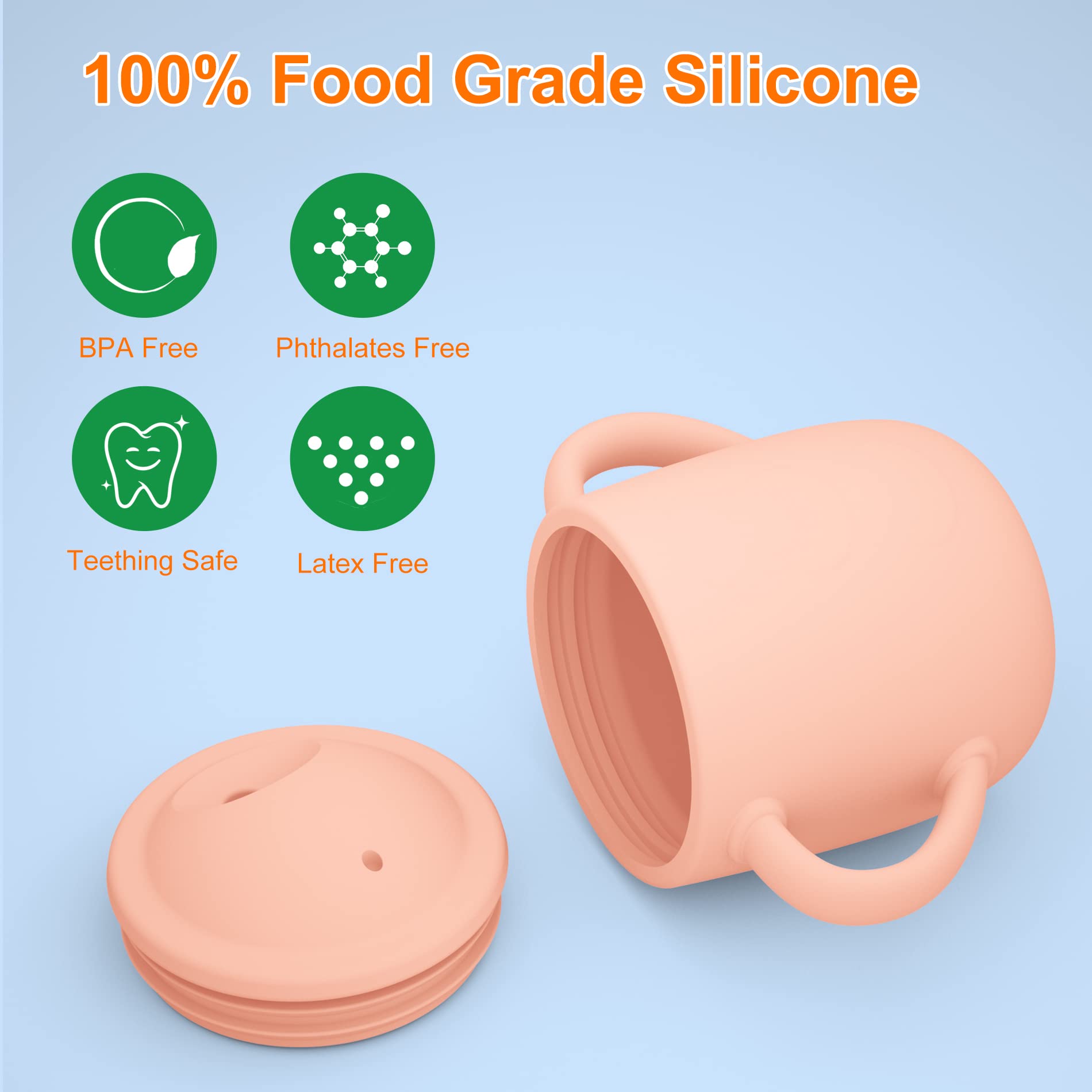 Rhswets Silicone Training Cups for Babies with Straw Lid, Spill Proof Toddler Sippy Cups, 6 months+ Infants Open Cup, 5oz, BPA Free (Pastel Salmon)