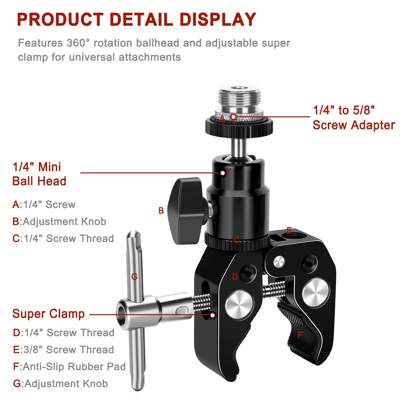 Lanxire Super Clamp Mic Clip Mic Mount with Mini Ball Head for Microphones - Max Load 4.4lb/2kg - 1/4ββ Female to 5/8ββ Male Thread Adapter Included