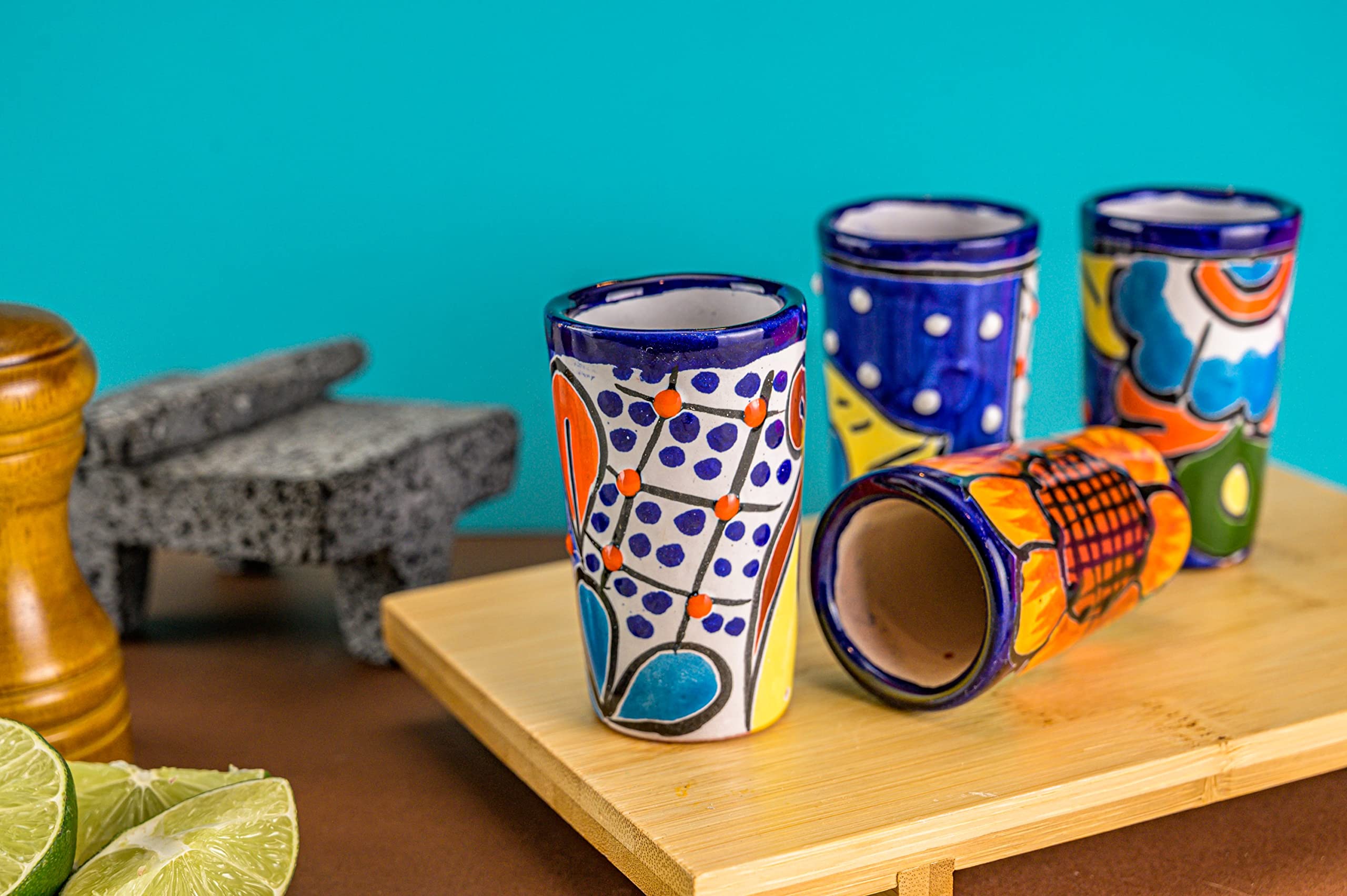 MEXTEQUIL - Talavera Shot Glasses Set of 4 Authentic Mexican Tequila Shot Glasses - Hand-painted - 2 Oz (Flowers)