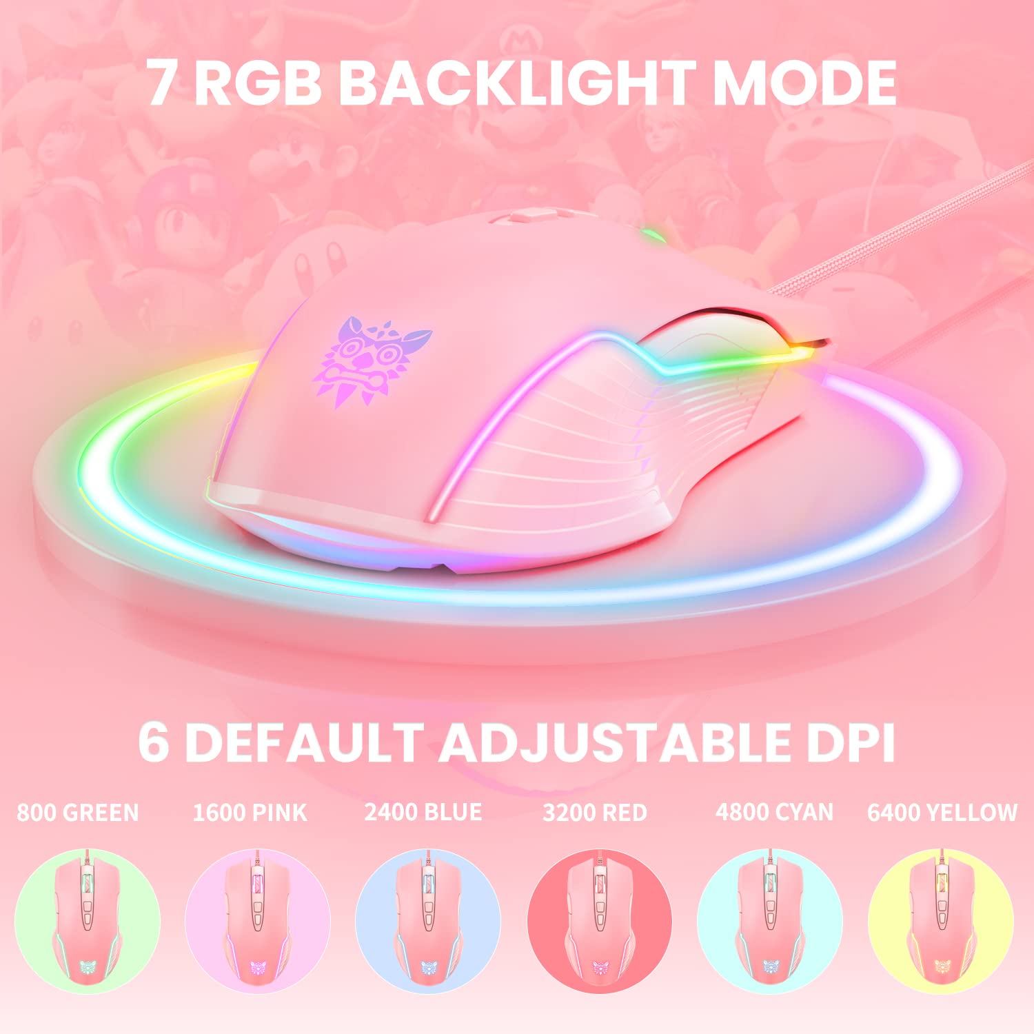 NEWSTYP Cute RGB 6400 DPI Wired Gaming Mouse Breathing LED Optical USB 7 Buttons Gamer Computer Pink Mice for Laptop PC Desktop (Black)