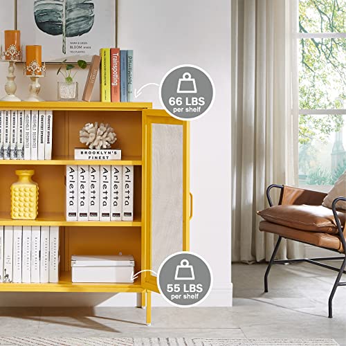SPACEROCK Storage Cabinet Kitchen Buffet Pantry 40β Stylish Metal Pantry Cabinet with 2 Mesh Doors, Suitable for Office, Dining Room, Living Room, Yellow
