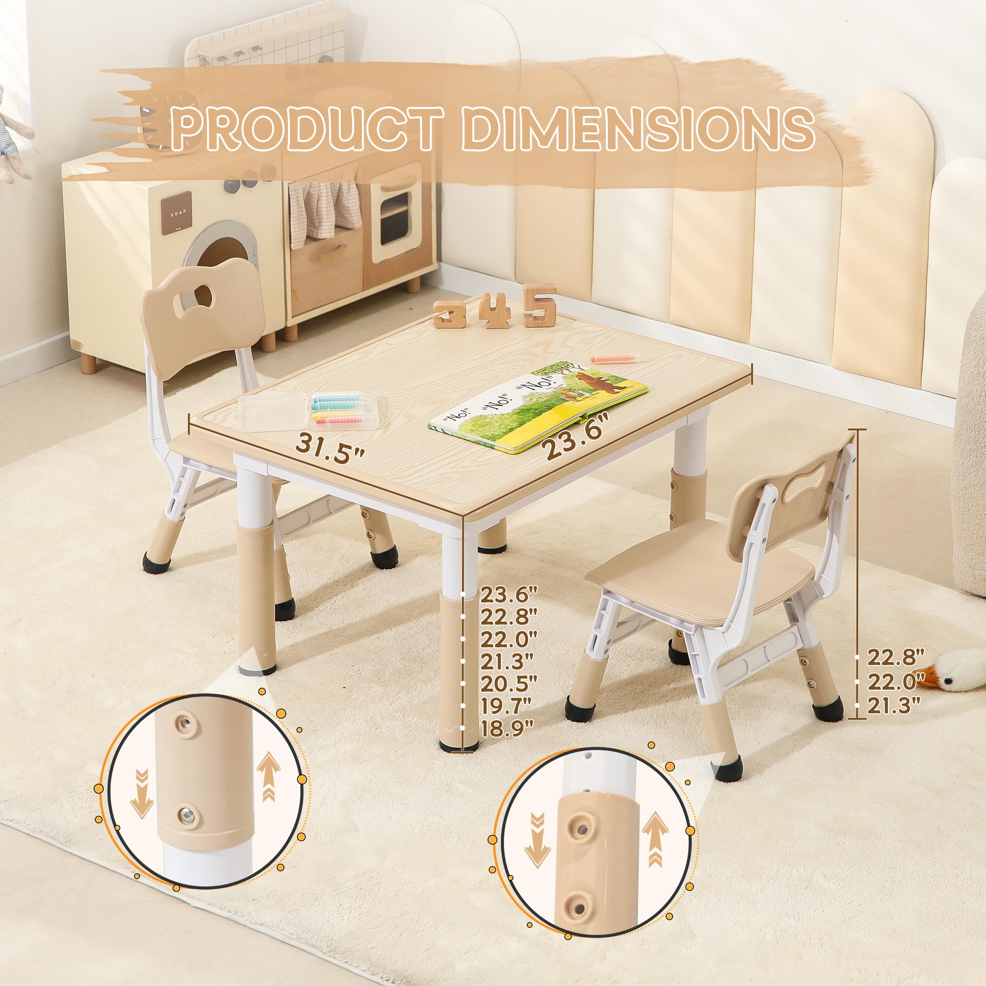 SINKIPA Kids Table and 2 Chairs Set, Height Adjustable Toddler Table and Chairs, Graffiti Desktop Kids Study Table with Anti-Slip Foot Covers, Children Activity Table for Ages 2-10