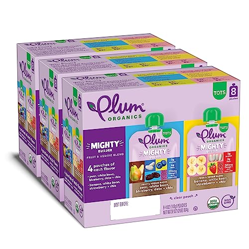 Plum Organics Mighty Builder Organic Toddler Food - Fruit and Veggie Blend Variety Pack - 4 oz Pouch (Pack of 24) - Organic Fruit and Vegetable Toddler Food Pouch
