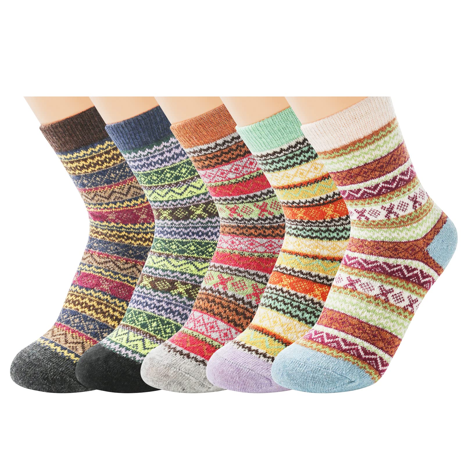 Mini Kitty 5 Pairs Winter Wool Socks for Women Thick Knit Warm Socks Casual Soft Cozy Crew Socks Mixed Colors Gifts A-Pink