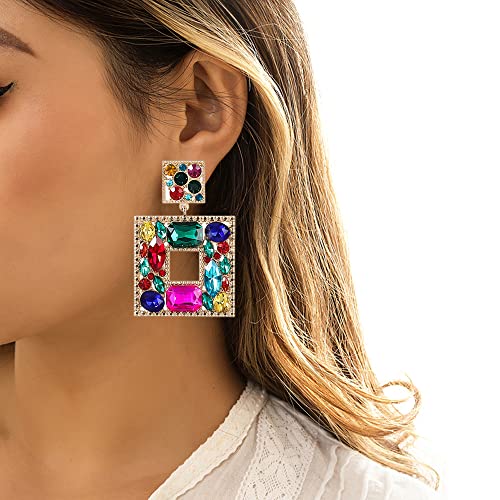 Mlouye Square Rhinestone Dangle Earrings For Women, Sparkly Crystal Geometric Drop Statement Chandelier Earrings Gold Tone Multicolor