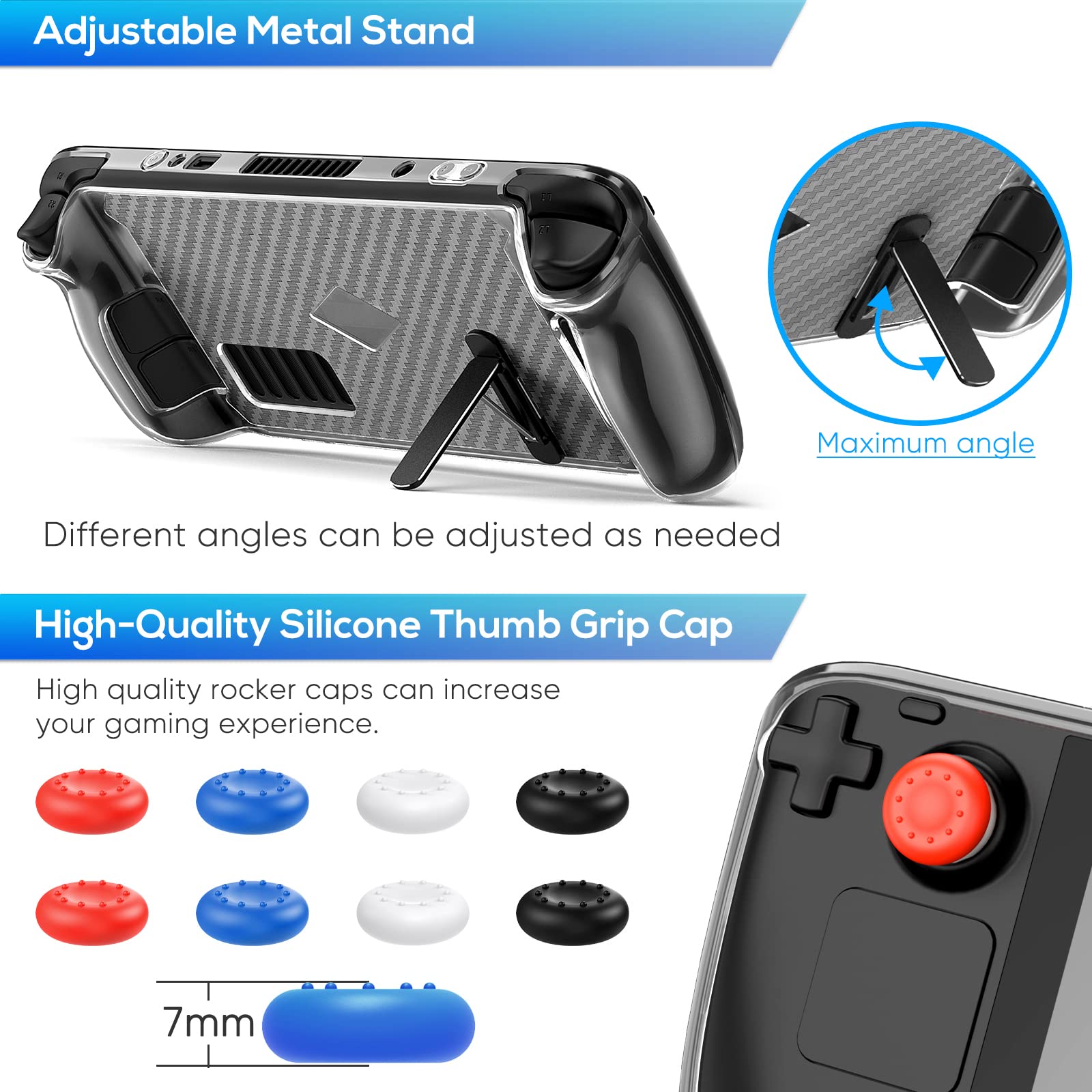 Protective Case for Steam Deck, YUANHOT Soft TPU Cover Protector Accessories Kit with Alloy Adjustable Stand, Screen Protector, Thumb Grips for Steam Deck