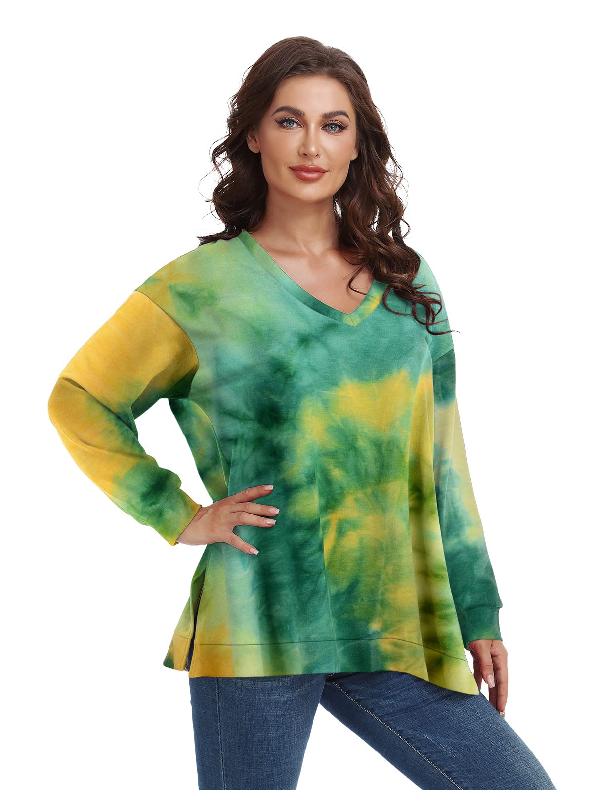 LARACE Tie Dye Sweatshirts for Women Plus Size Tops V Neck Side Split Shirt Casual Long Sleeve Pullover Tee(E-DarkGreen 4X)