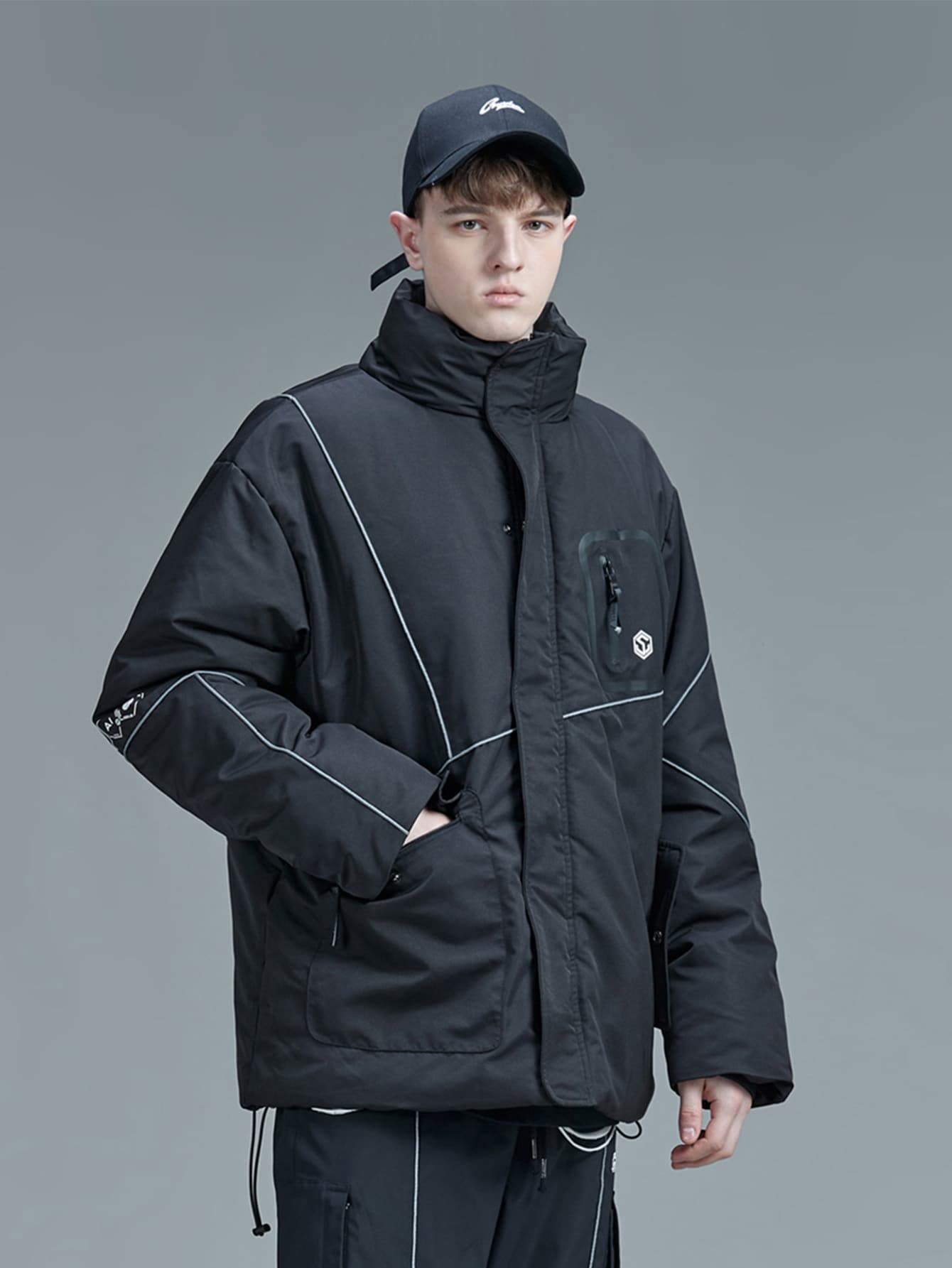 OSHHO Jackets for women - Men Reflective Letter Graphic Contrast Piping Winter Coat (Color : Black, Size : Small)