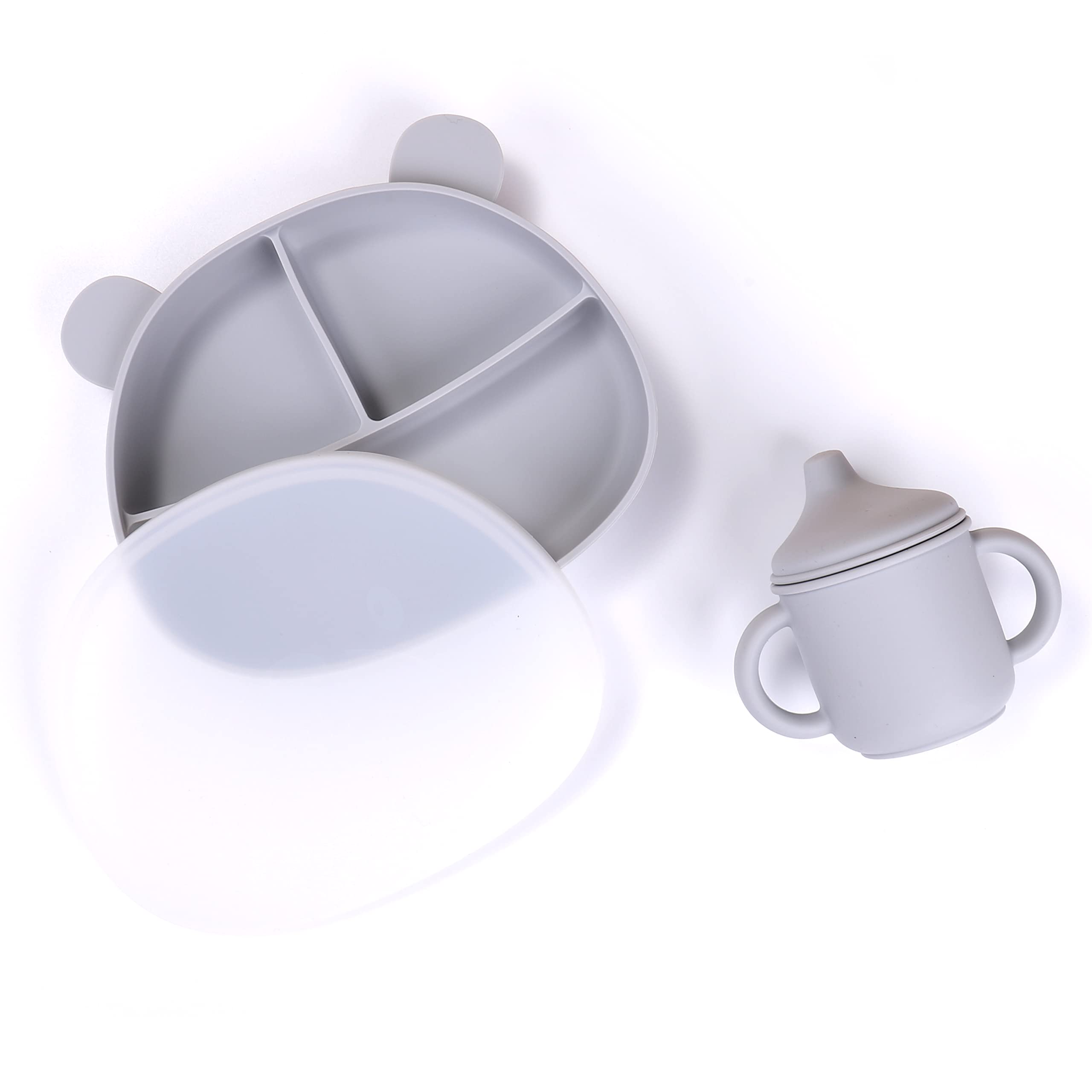 Silicone Baby Feeding Set, 6 Colors, Spill-proof Cup and Suction Plate with Lid, Divided Plate, Sippy Cup with handles for Baby & Toddlers. Leak-proof. (Gray)