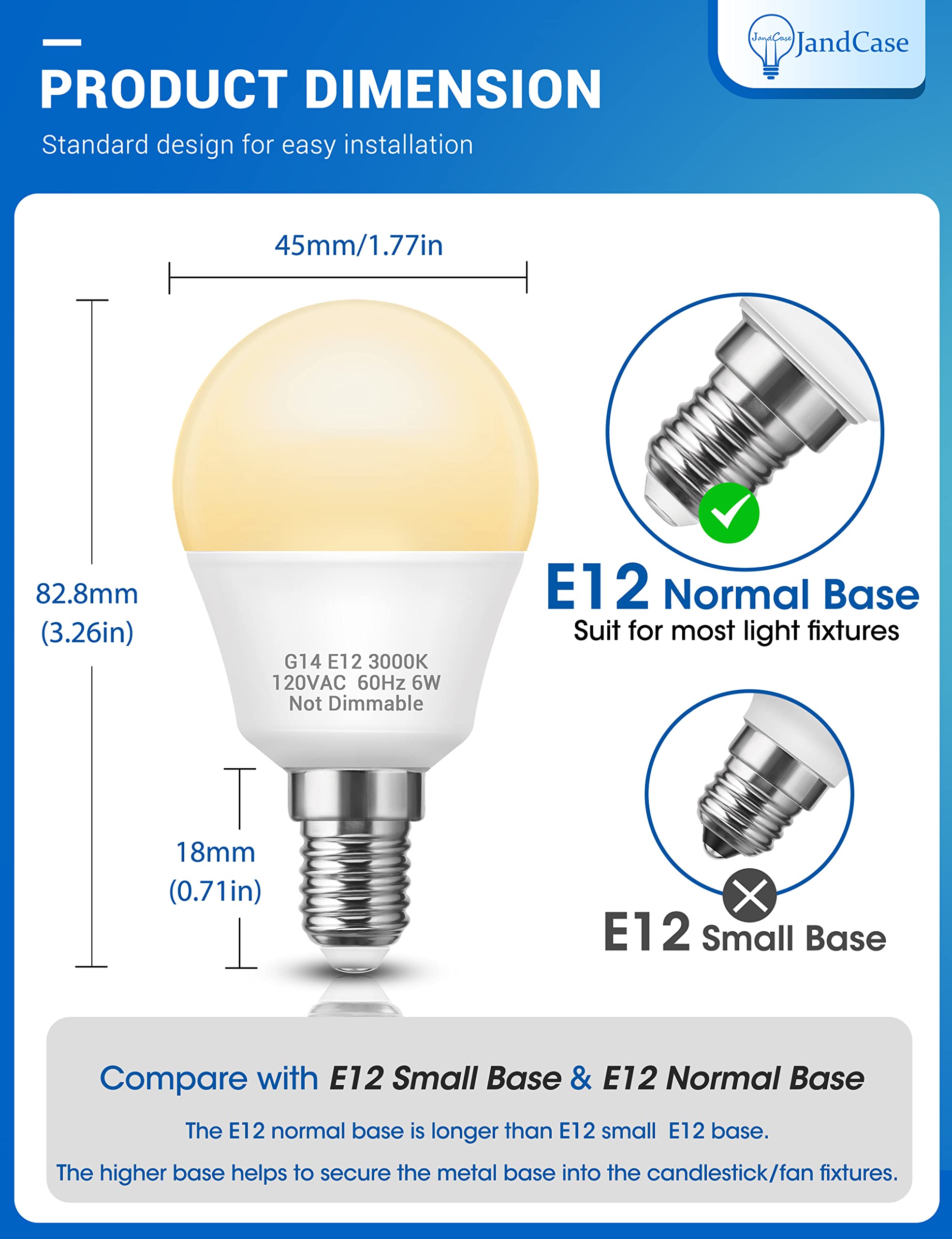 JandCase LED Ceiling Fan Light Bulbs, G14 Candelabra Light Bulbs, 6W E12 LED Bulbs, 4000K Natural Daylight, 60Watts Equivalent Globe Light Bulbs for Ceiling Fan Chandelier, Non-Dimmable, UL, 6 Pack