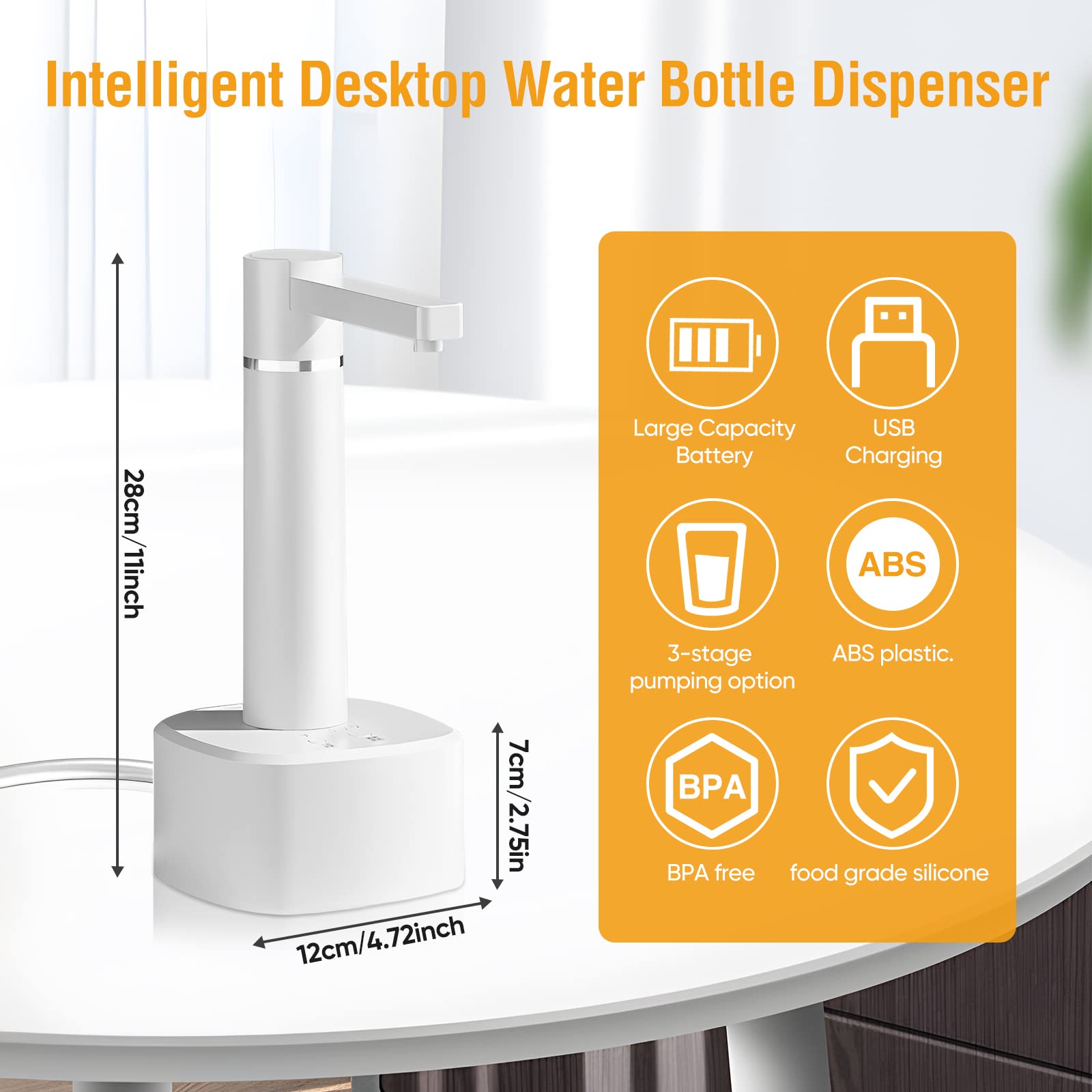 Intelligent Desktop Water Bottle Dispenser, Portable Electric Water Bottle Pump for 5 Gallon & Universal Bottles, USB Charging Automatic Drinking Water Bottle Pump, Removable, for Home,Office,Outdoor