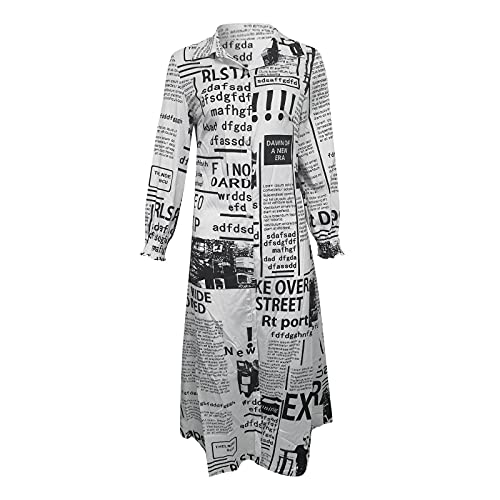 Pinkpaopao Women Button Down Loose Dress Turn Down Neck Long Sleeve Pattern Printing Shirt Maxi Dress