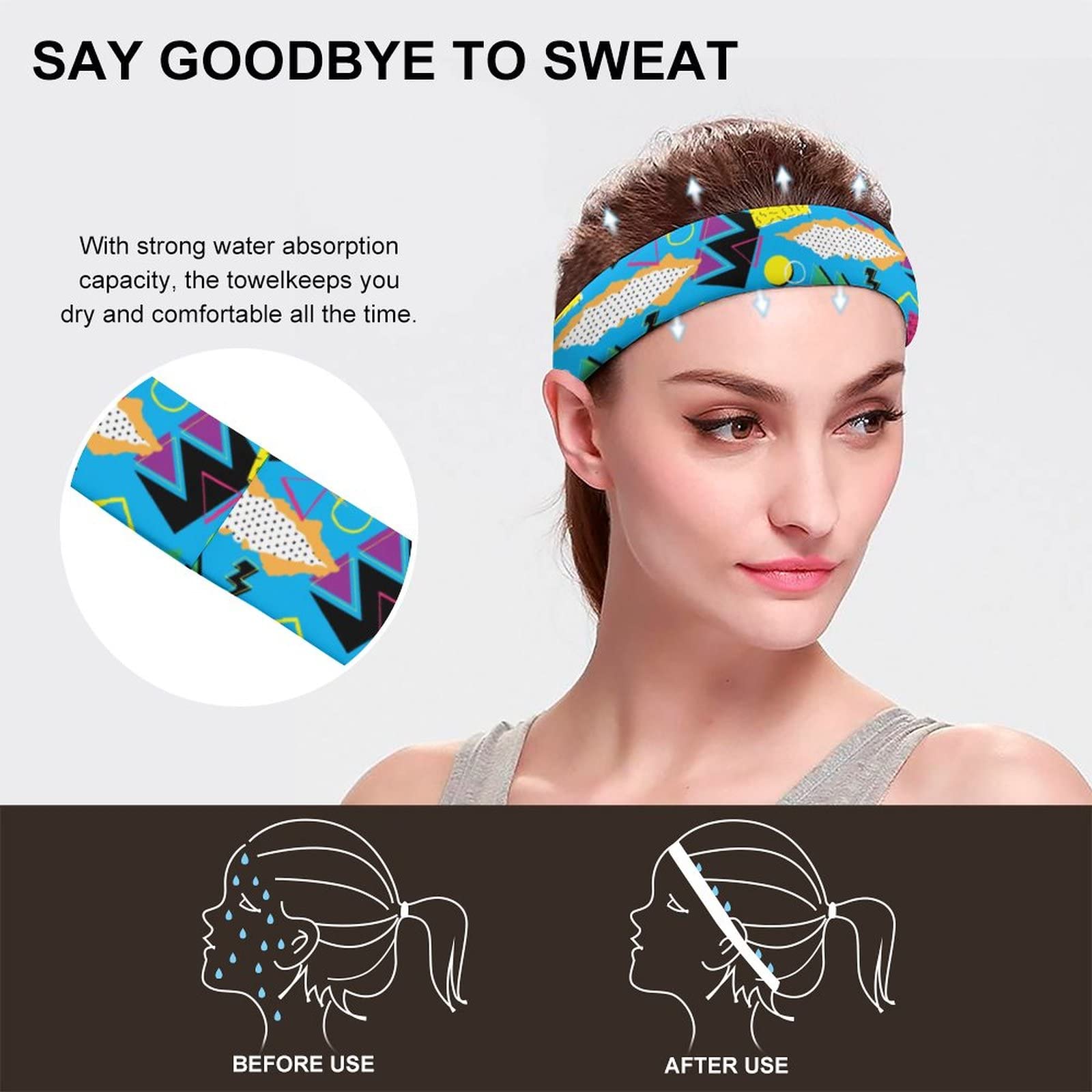NELife Men's 80s Workout Headbands 90s Sweatbands Elastic Sports Headbands Wristbands for Jogging Running Cycling Yoga