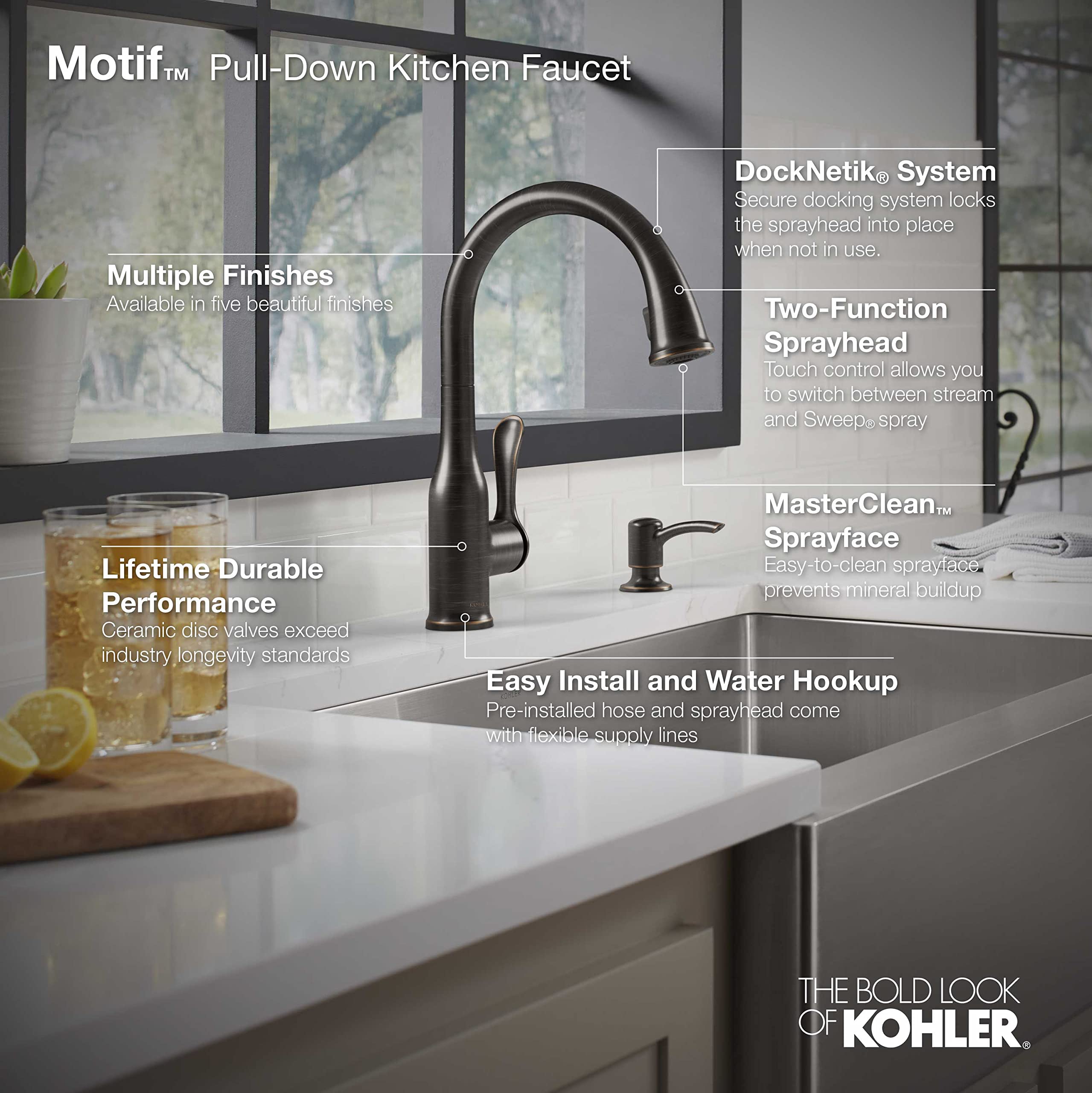 KOHLER REC23863-SD-2MB Motif Kitchen Faucet with Pull Down Sprayer and Soap Dispenser, Kitchen Sink Faucet in Vibrant Brushed Moderne Brass