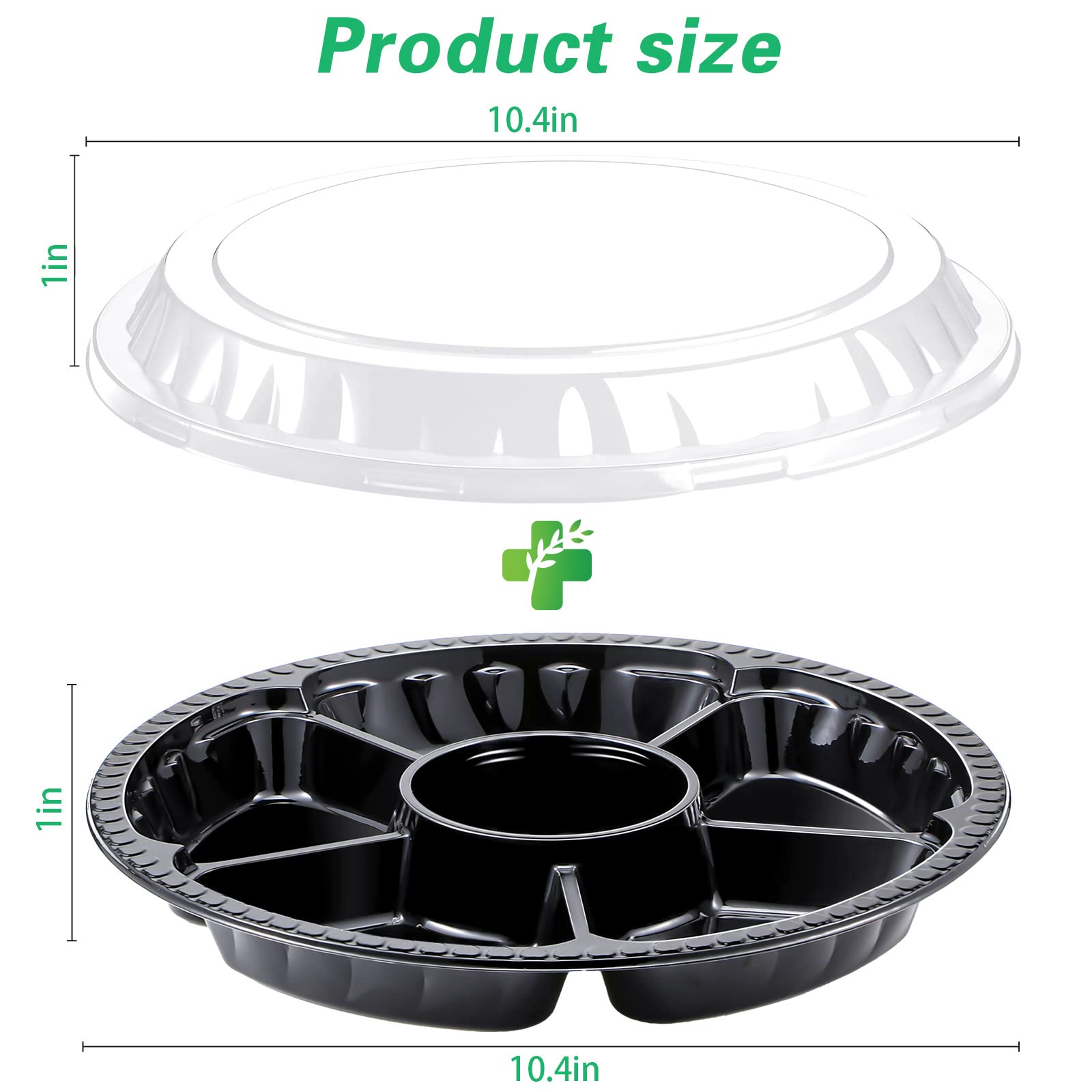 Patelai 10 pcs Plastic Veggie Tray with lid Fruit Trays Round Disposable Appetizer Serving Trays with 6 Divided Compartment for Vegetable Salad Food Snack Serving Platter