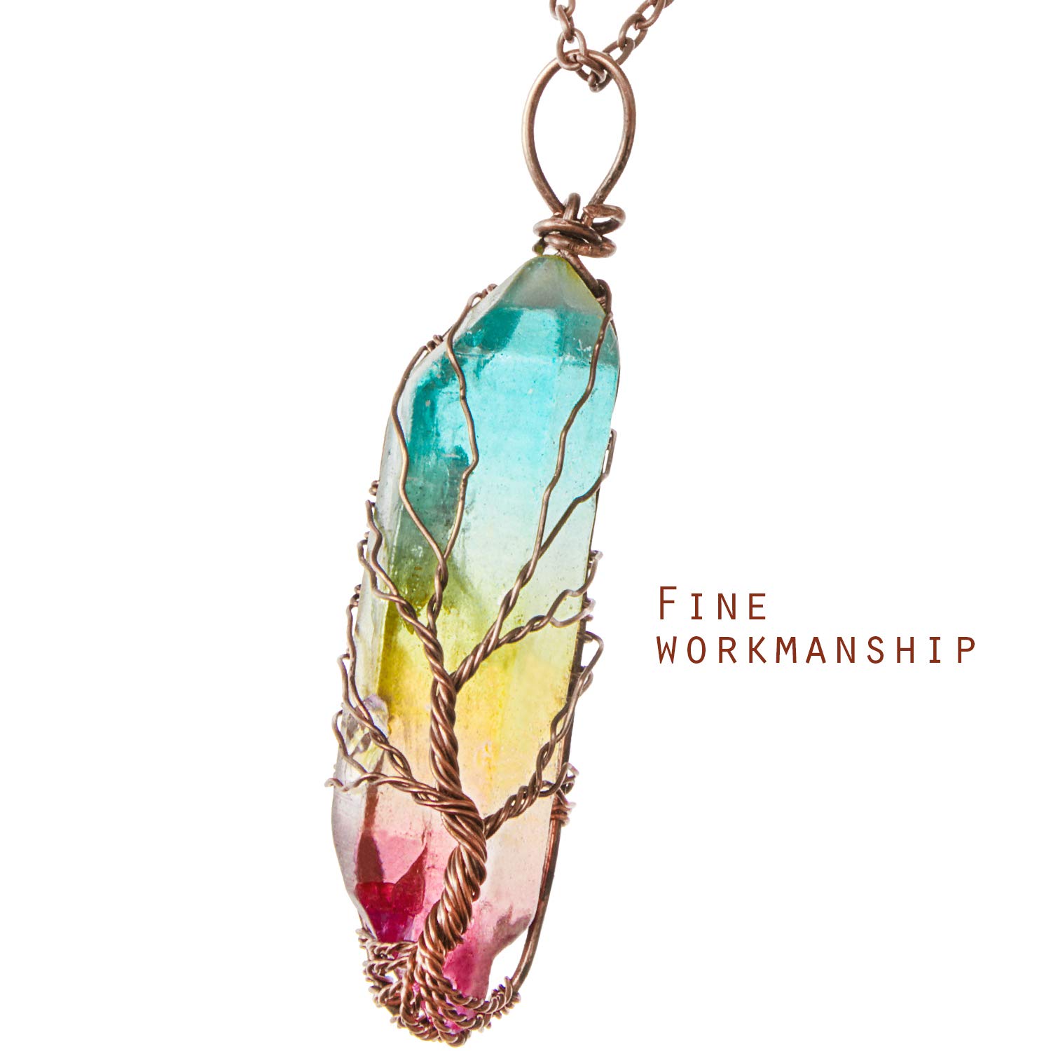 Hicarer 3 Pieces Tree Life Pendant Tree Life Quartz Crystal Pendant Necklace Chakra Gemstone Copper Wire Wrap Necklace