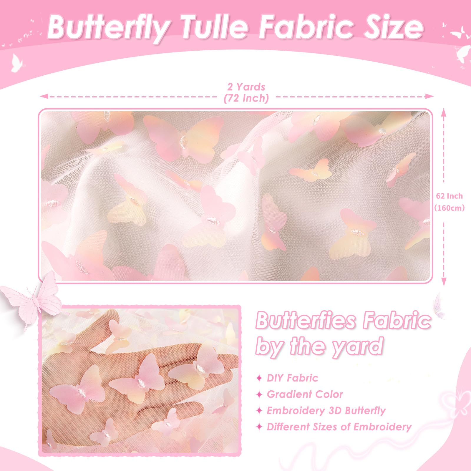 Rainbow Pink Tulle Fabric Rolls: 2 Yards 3D Butterfly Embroidery Fabric - DIY Cloth for Birthday Party Decorations Wedding Bridal Shower Baby Shower