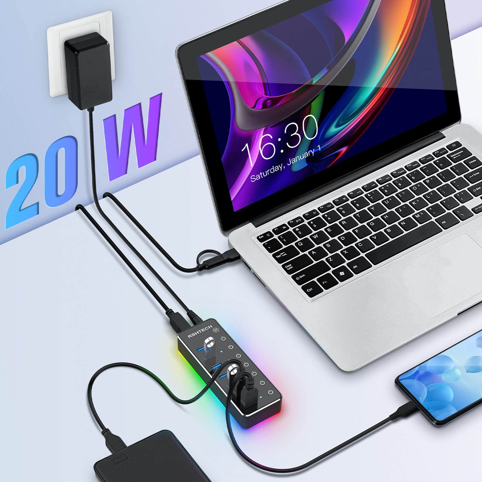 Powered USB Hub, RSHTECH RGB 7 Ports USB 3.0/USB C Hub with 14 Mode RGB LED Strip, Individual Touch Switches, 3.3ft Cable and 5V/4A Power Adapter, Aluminum Gaming USB Hub for PC and Laptop, RSH-518R