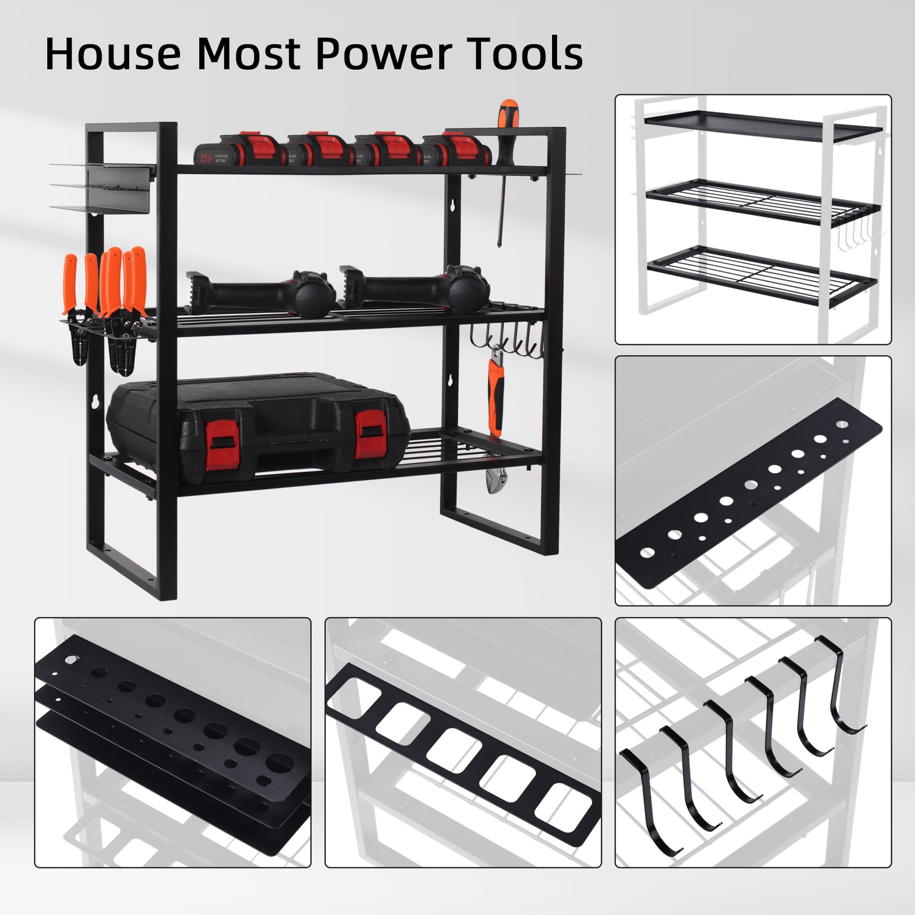 Volin Crik Power Tool Organizer,5 Drill Holder Wall Mount, 4 Layer Heavy Duty Metal Tool Shelf, Garage Tool Organizers and Tool Storage Rack,with Screwdriver Holder/Plier Holder/Hammer Holder
