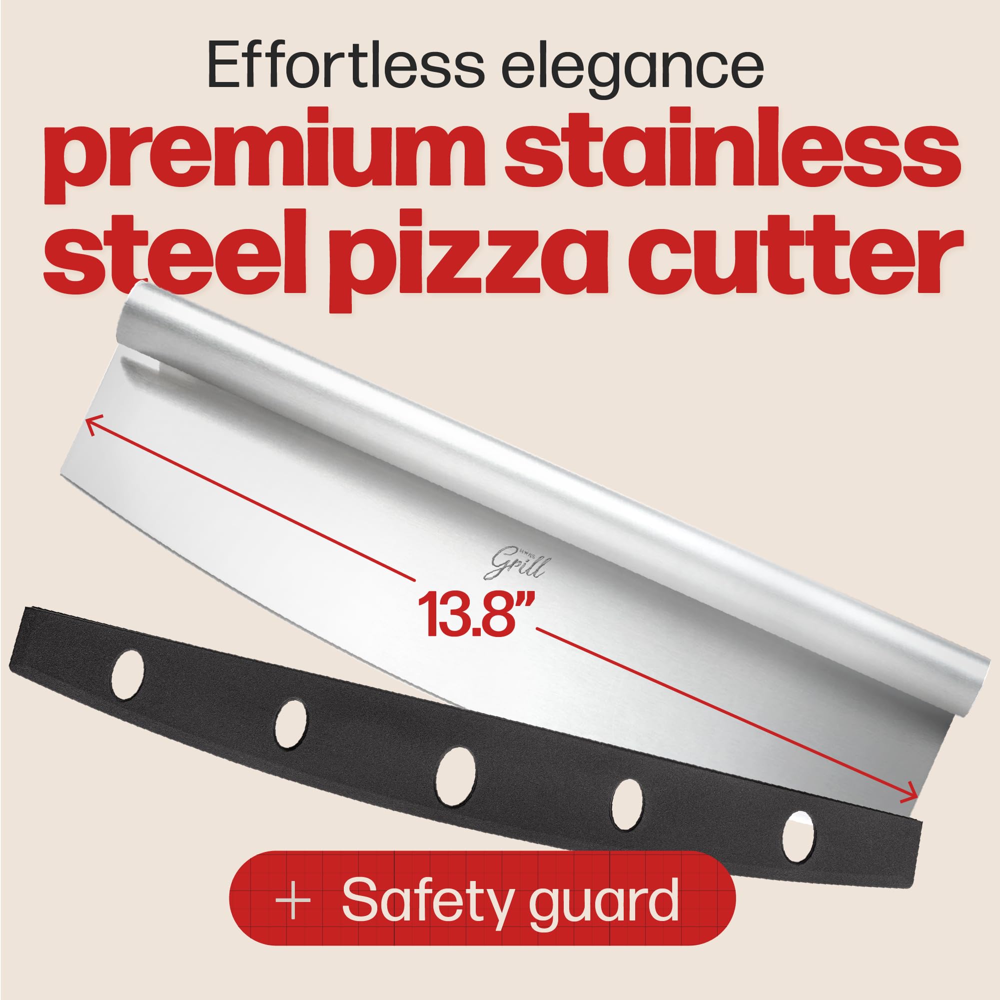 Pizza Cutter | Rocker Blade By Hans Grill | 14" Large Japanese Grade Sharp Stainless Steel Rocking Pizza Knife Cutter | Professional Nonstick Pizza Slicer With Cover For Kitchen And Commercial Use.