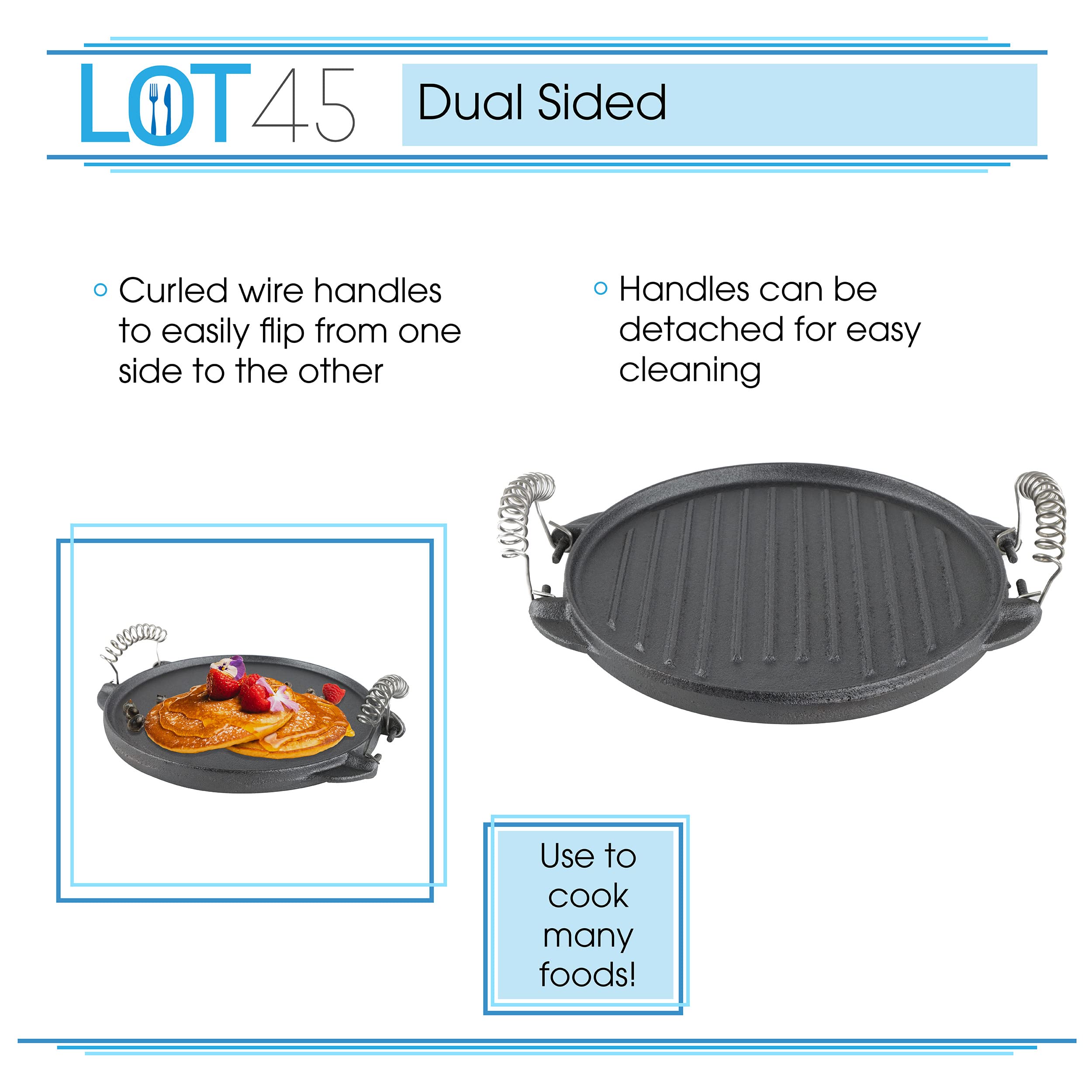 Lot45 Cast Iron Grill Pan, 10in - Cast Iron Grill Pans for Stove Tops, Grilling Cookware Dual-Sided Griddle for Camping