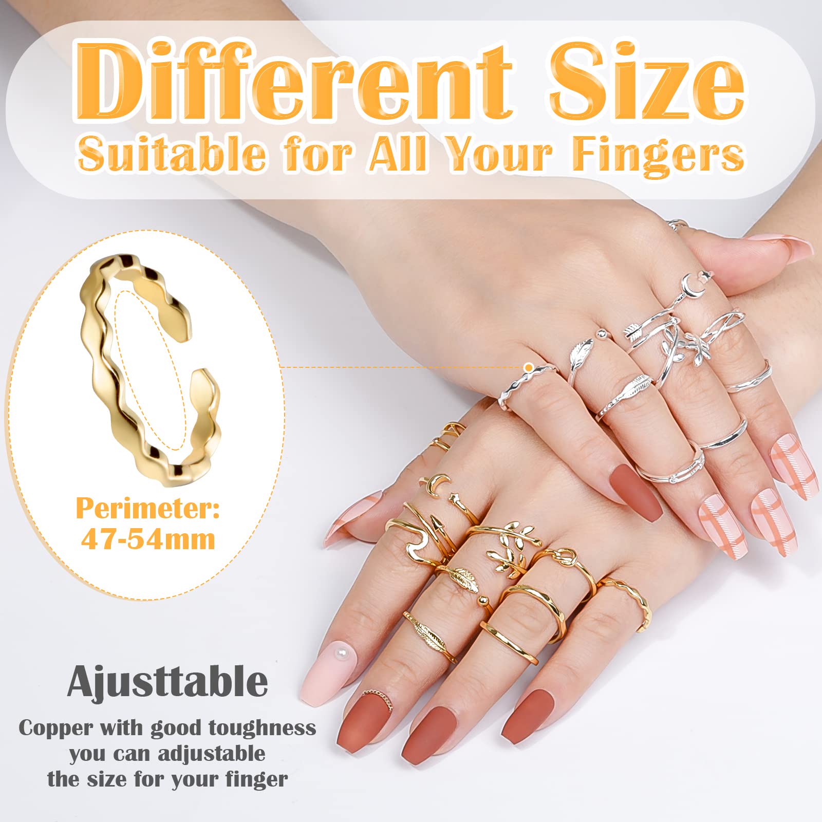 Modacraft 24Pcs Knuckle Stacking Rings for Women Teen Girls, 14K Silver Gold Plated Adjustable Stackable Rings Arrow Knot Wave Rings Thumb Midi Finger Rings Pack