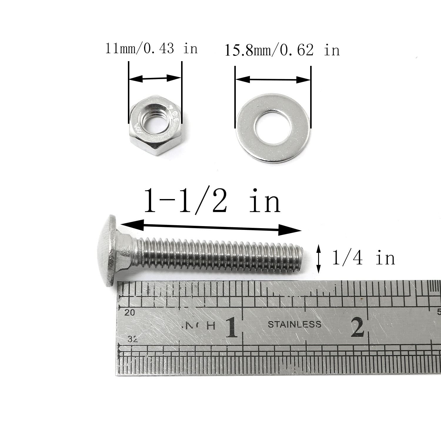 Pro Bamboo Kitchen 10pcs Carriage Bolt Sets 304 Stainless Steel Carriage Screw Hex Nut and Flat Washer Kits 1/4-20x1-1/2"