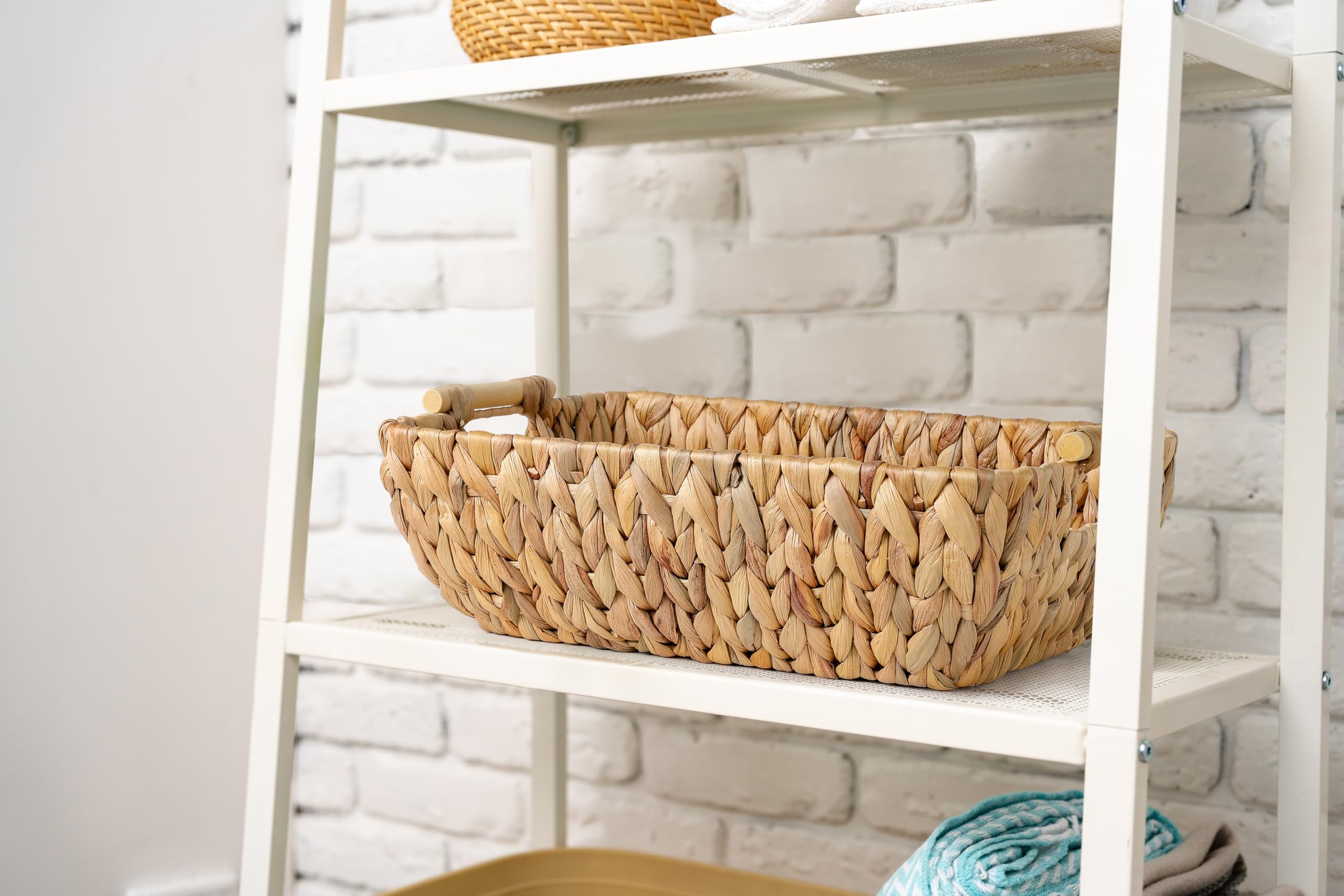 Water Hyacinth Storage Baskets with Wooden Handles,Large Wicker Baskets for Organizing Set of 2