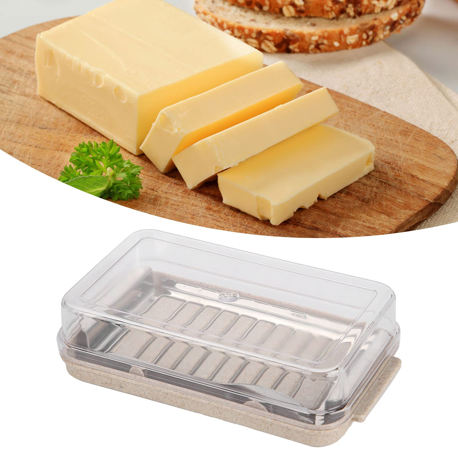 Milltrip Butter Dish, Stainless Steel Butter Cutter Container Multi-Purpose Butter Storage Box with Transparent Cover forCream Cheese Cake(wheat bottom)