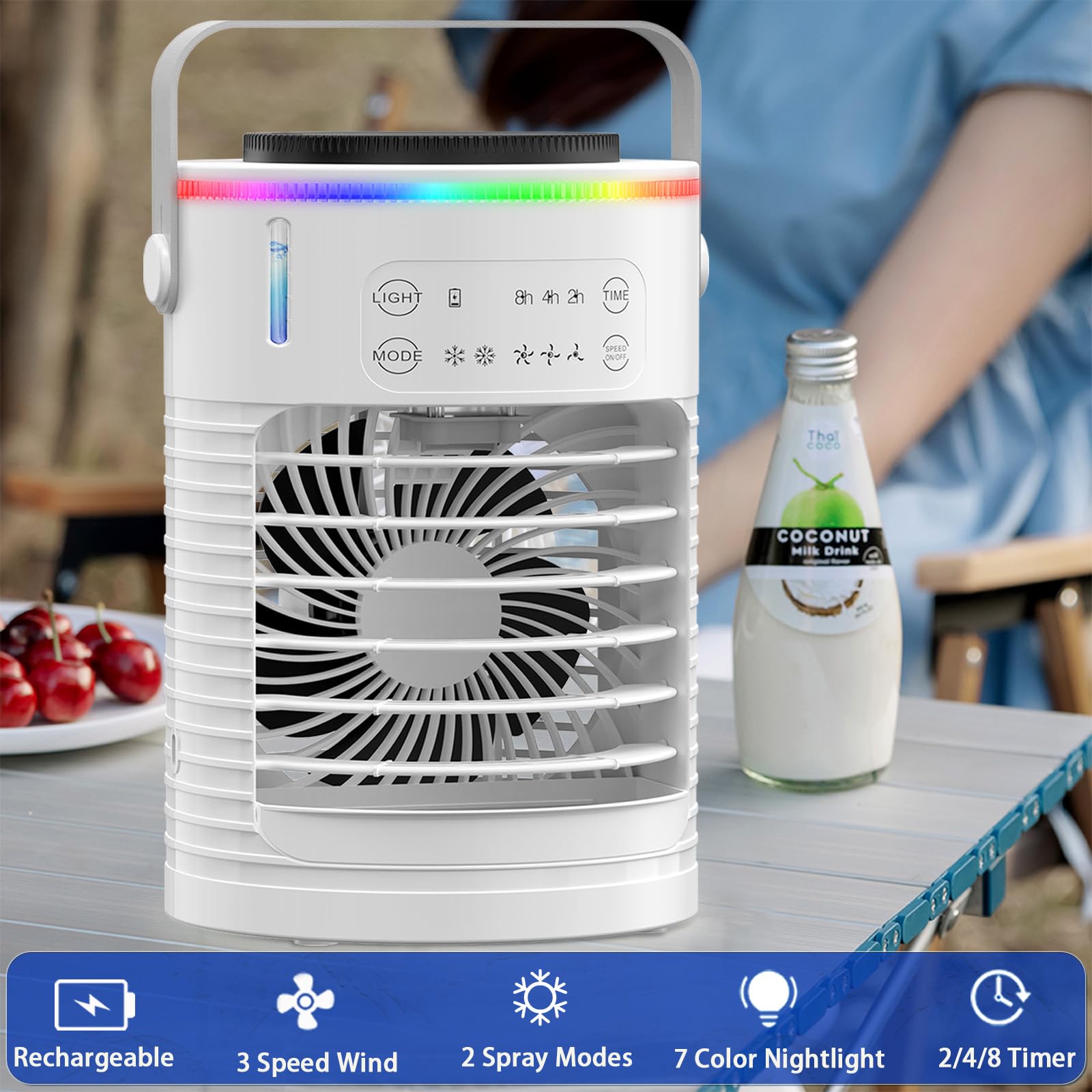 Portable Air Conditioners,Rechargeable Air Conditioner Fan with 6000mAh Battery,3 Speed Personal Evaporative Air Cooler with 3 Mist&3 Timer&Colors Light,Mini AC Cooling Fan for Bedroom,Camping