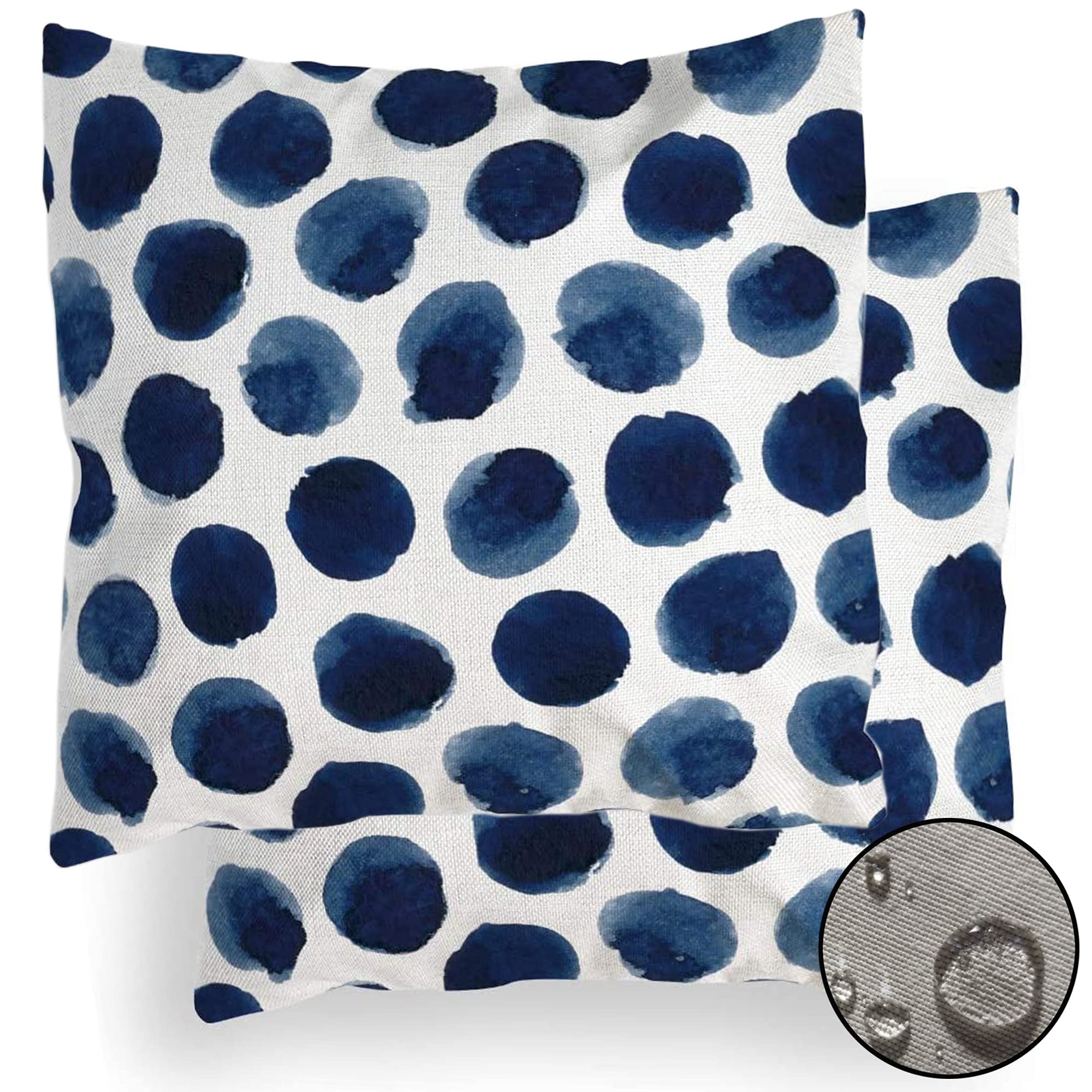 Pack of 2 Outdoor Blue Dots Waterproof Throw Pillow Covers Decorative Double-Sides Pillows Case Square Cotton Cushion Case for Sofa Patio Tent Couch Sunbrella Christmas Home Decoration 18 x 18 Inch