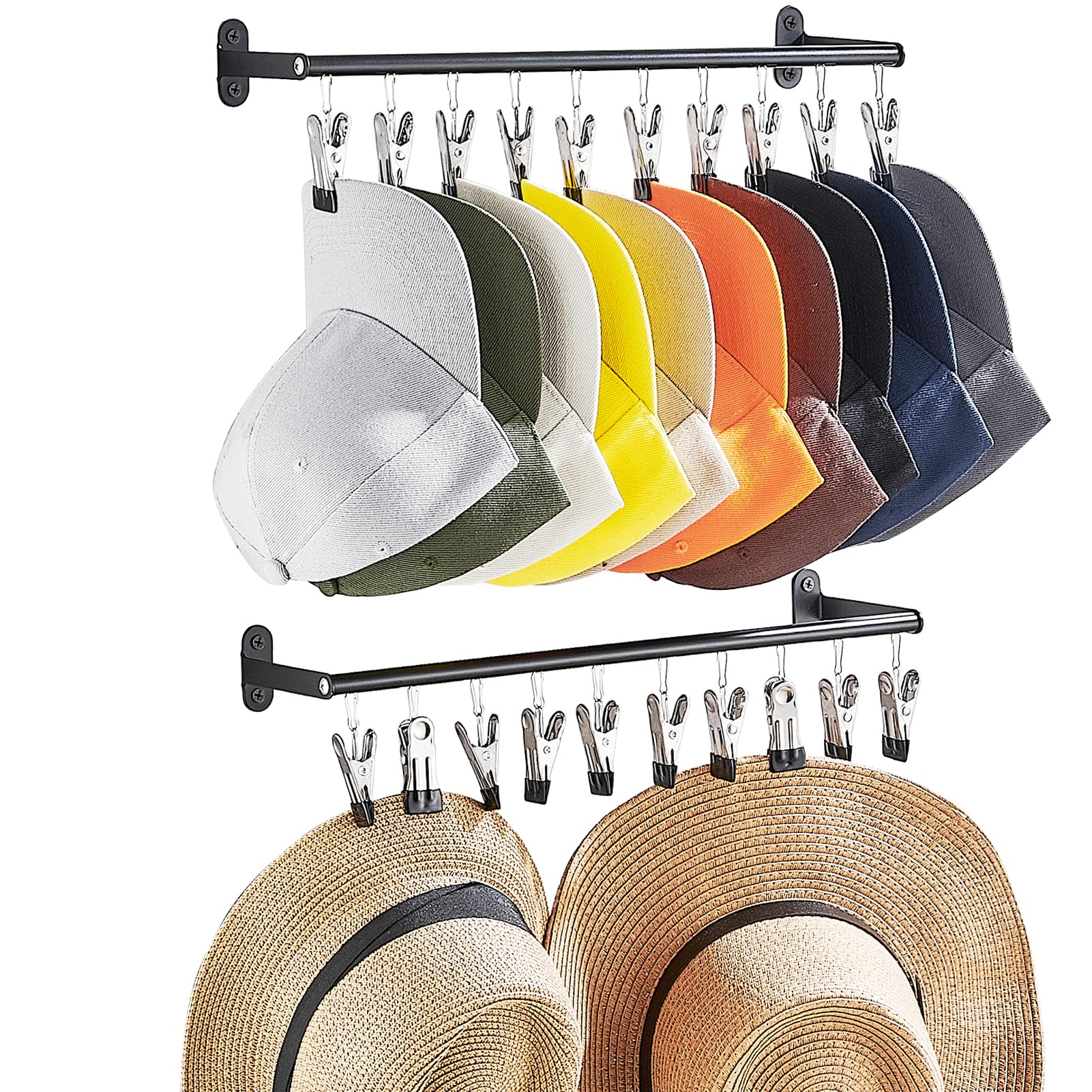 SIMVE Hat Rack for Baseball Caps Organizer with 20 Clips Modern 16.3in Metal Holder Wall Mounted Display Hanger Hanging Storage Accessories Closet Bedroom Door Entryway Organization Set of 2 Black