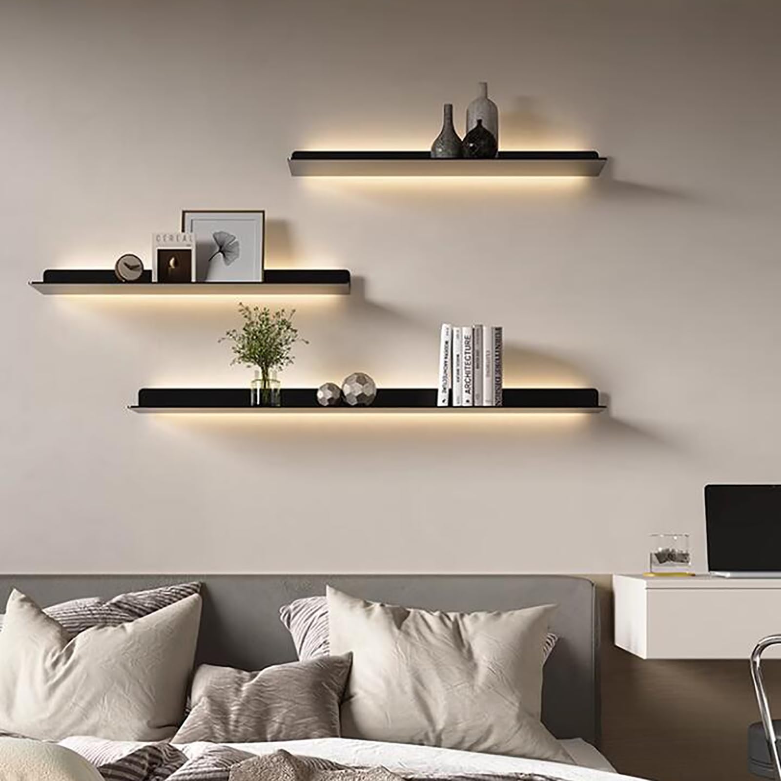 SUZEPER Floating Shelves with Led Lights,floating Display Shelf with Built-in Illuminated Led Light,metal Wall Mounted Shelves Set of 2,hanging Display Rack Wall Shelf for Livingroom Kitchen Bathroom