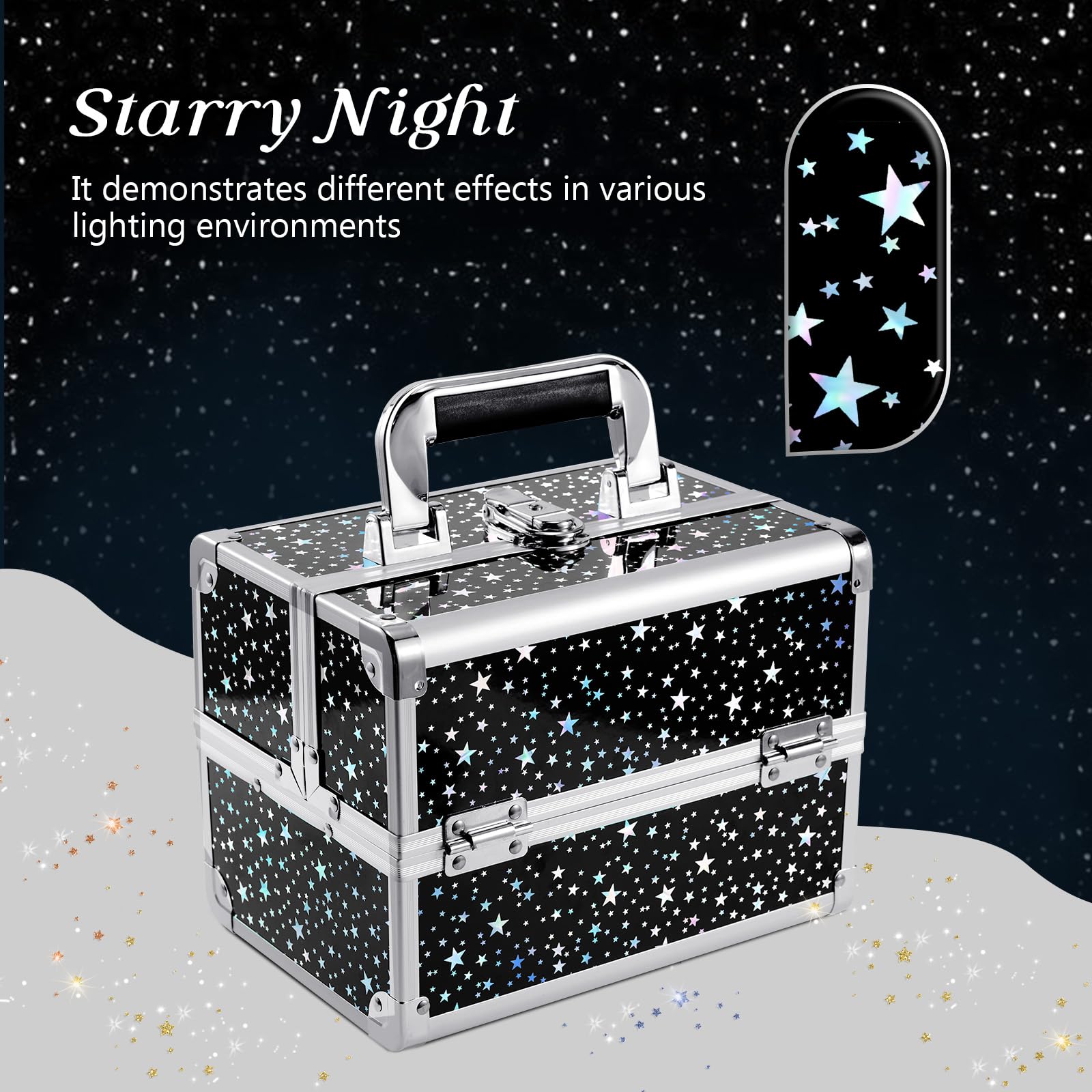 Joligrace Makeup Train Case Cosmetic Storage Jewelry Organizer Lockable with Keys and Mirror 2-Tier Tray Portable Carrying with Handle Travel Storage White Star
