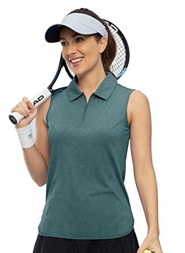 YSENTO Women's Golf Polo Shirts Tops Sleeveless Collared 1/4 Zip Dry Fit UV Protection Sun Shirts Denim Blue XL