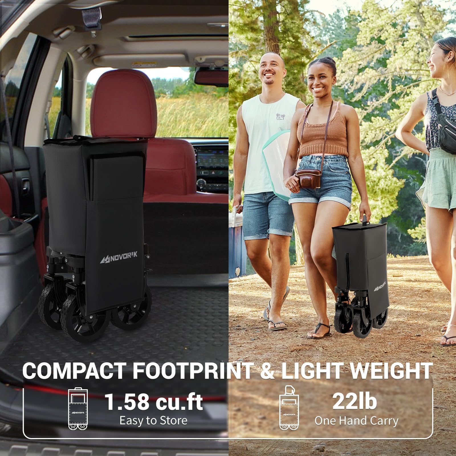 NOVORIK Collapsible Foldable Wagon Black, Folding Outdoor Utility Wagon 330lbs Weight Capacity, with All Terrain Wheels, Cup Holders, Adjustable Handle, Heavy Duty Cart for Camping, Shopping