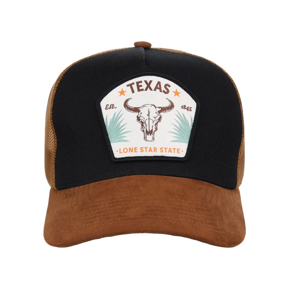 Local Crowns Texas Leather State Patch Curved Trucker Flag Adjustable Black and White Snapback Cap