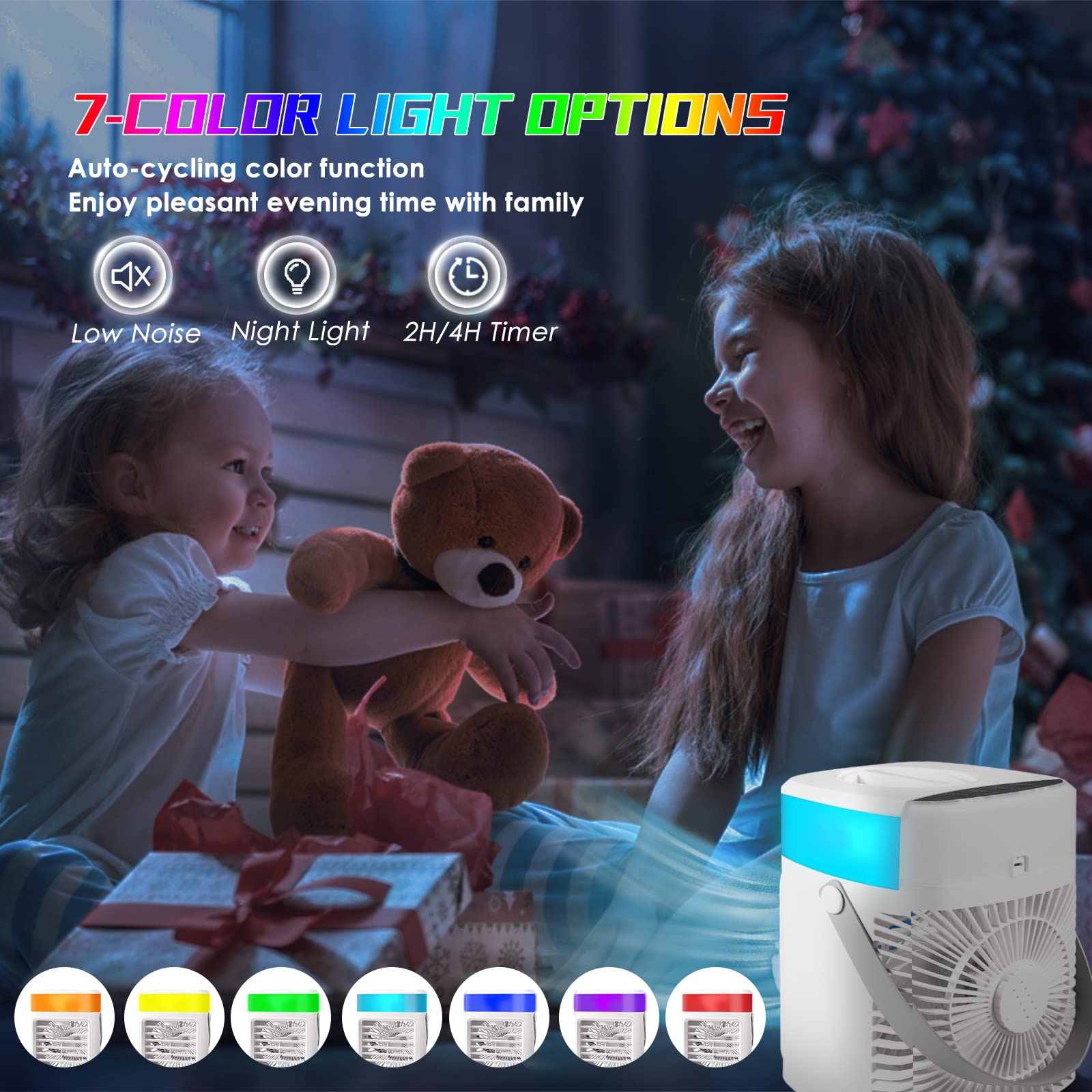 Portable Air Conditioners, Cordless Evaporative Air Cooler, 3 Wind Speed & 2 Cool Mist Personal Air Cooling Fan, 2-4H Timer & 7 LED Lights Portable AC,Mini AC Unit for Bedroom Car Home Camping Office