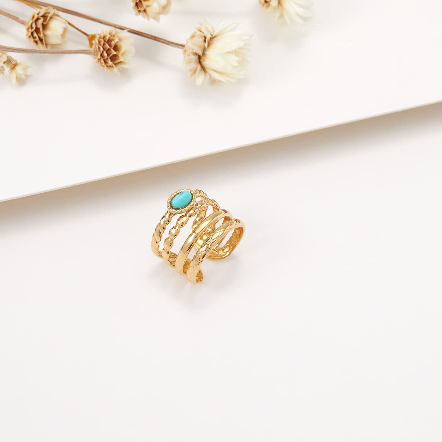 MAHSOD Chunky Gold Rings for Women 14K Gold Filled Twisted Turquoise Ring Stacking Open Statement Thick Adjustable Ring Jewelry Gift