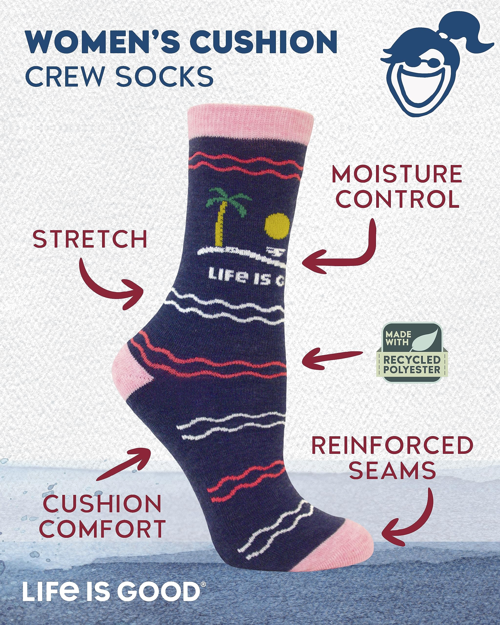 Life is Good Women's Socks - Novelty Crew Cut Socks (3 Pack), Size Shoe Size: 4-10, Blue/Pink