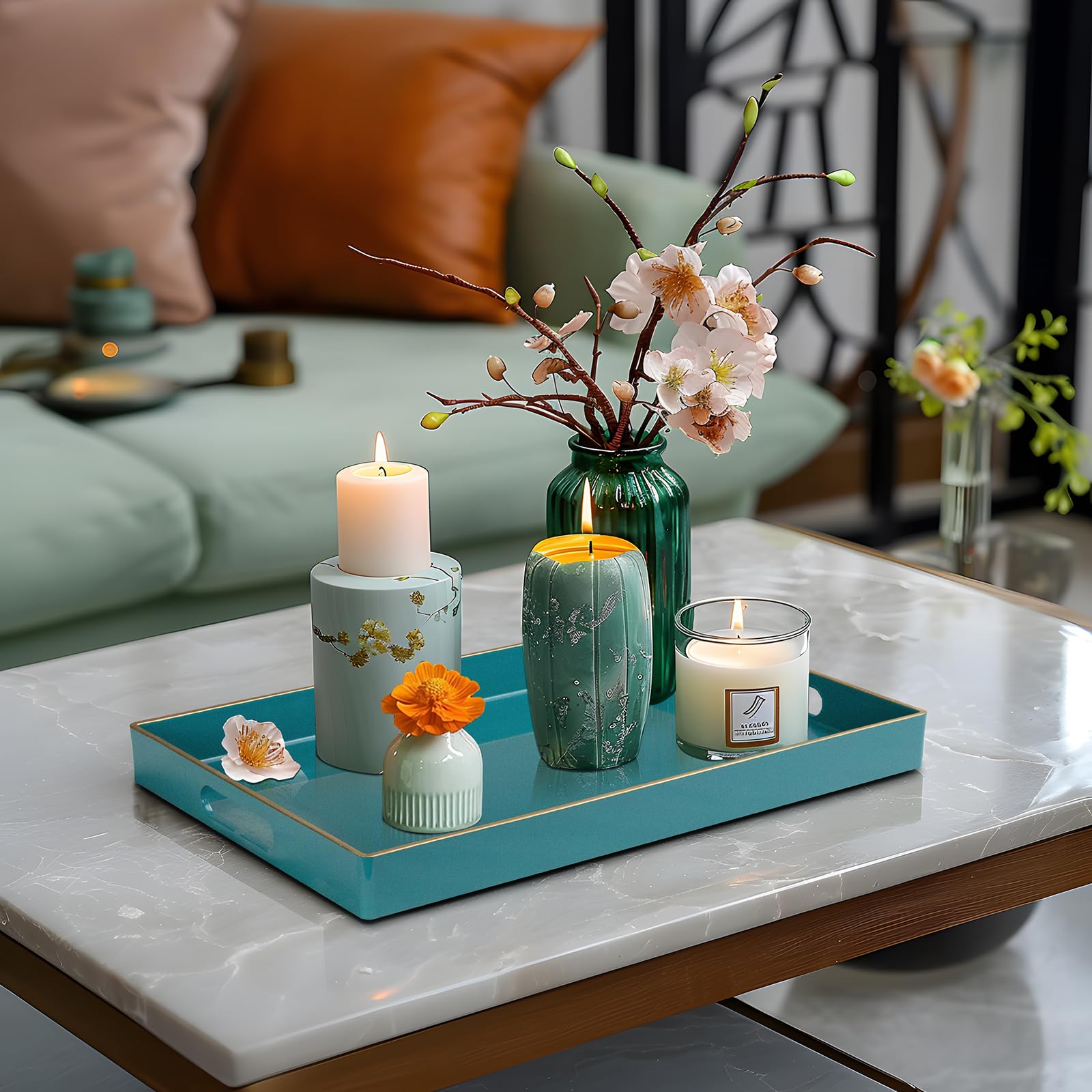 MAONAME Teal Serving Tray with Handles, Modern Decorative Tray for Coffee Table, Plastic Rectangular Tray for Ottoman, Bathroom, Decor, 15.75β x 10.2β x1.57