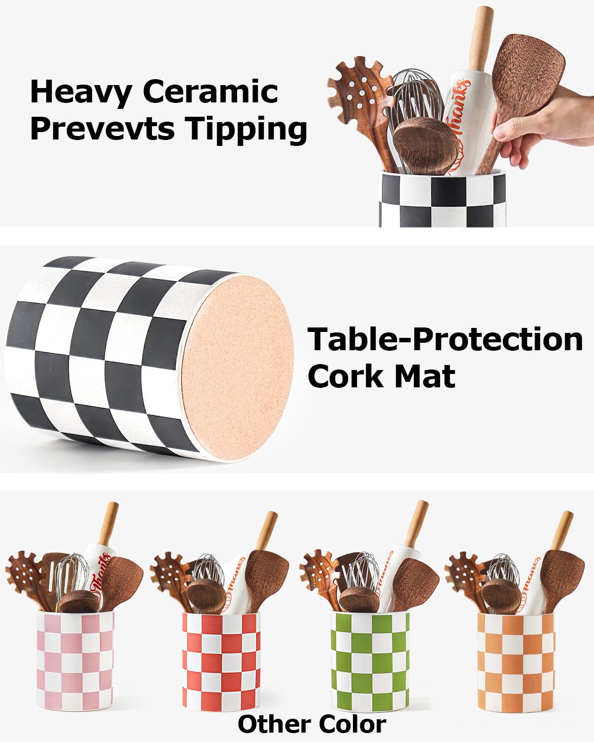 Swkien Utensil Holder,7.2 Inch Checkered Utensil Holder, Ceramic Cooking Utensil Spoon/Spatula Holder for Countertop, Kitchen Decor and Accessories for counte(Black)