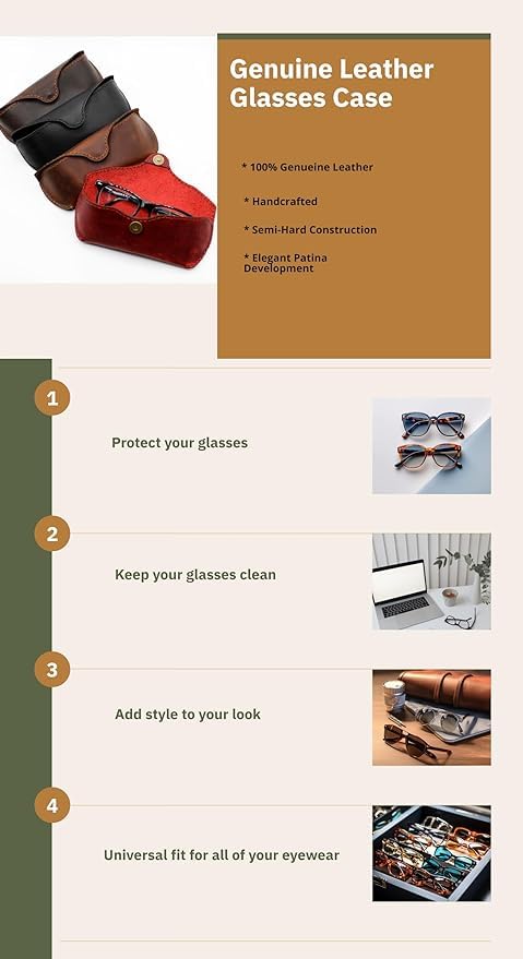 MyMesken- Leather Glasses Case- Premium Quality Eyeglass & Sunglass Case for Men and Women- Handmade, Thick Leather, Stylish Design- Protects Your Glasses- Magnetic Snap Closure- Brown Leather