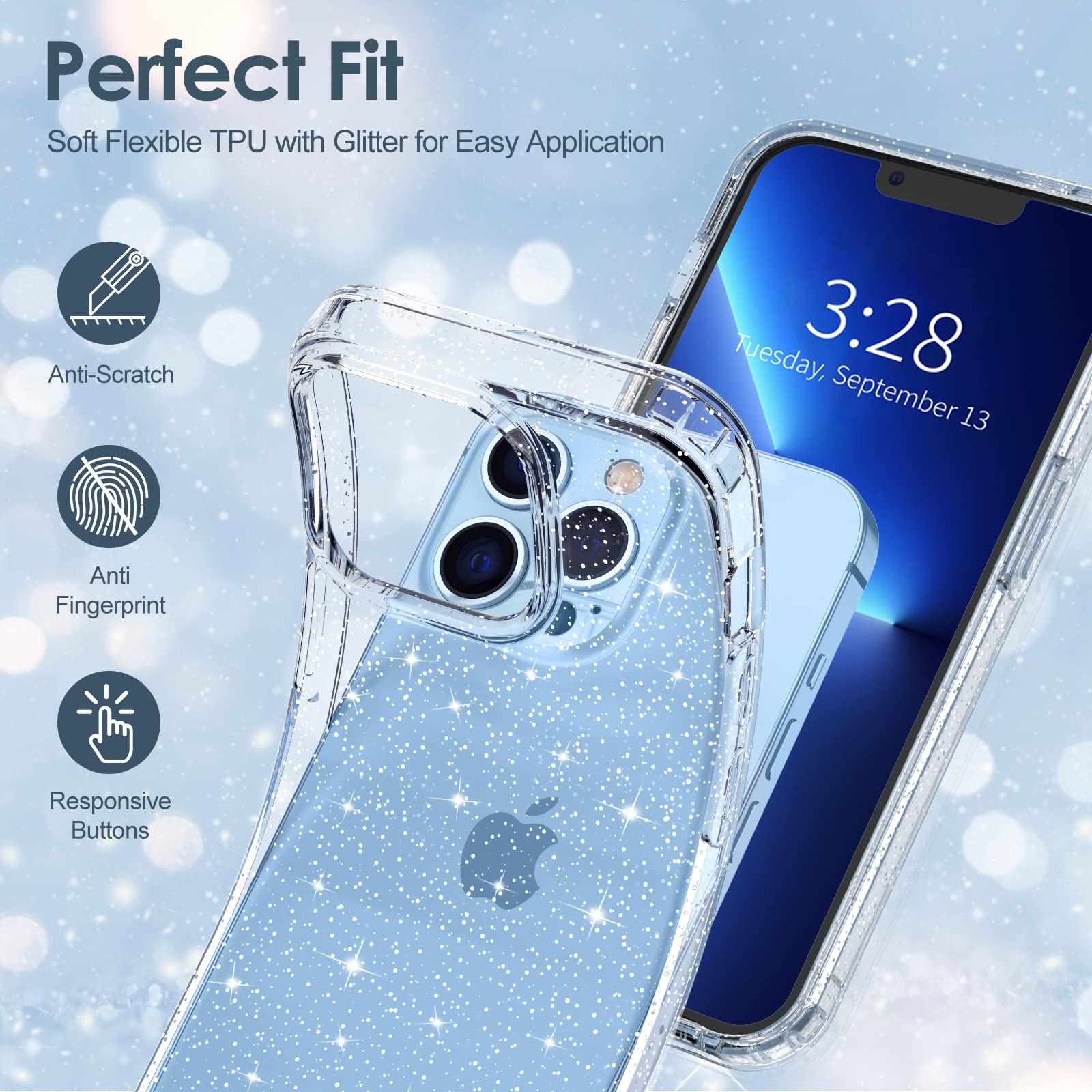Hython Case for iPhone 13 Pro Case Glitter, Cute Sparkly Clear Glitter Shiny Bling Sparkle Cover, Anti-Scratch Soft TPU Thin Slim Fit Shockproof Protective Phone Cases for Women Girls, Clear Glitter
