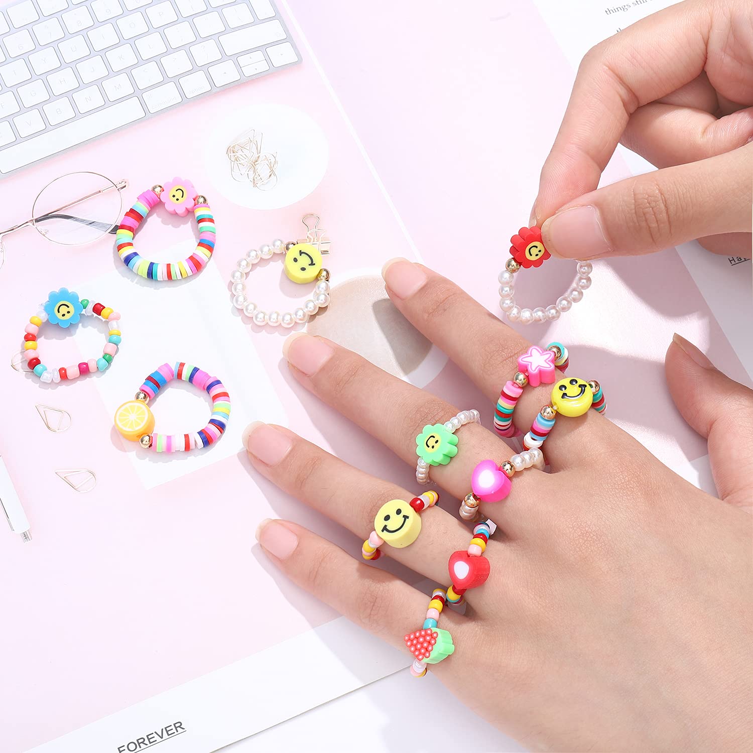 HZEYN 12Pcs Smiley Face Beaded Ring Set Handmade Cute Y2k Rainbow Beaded Stretch Ring Stackable Happy Face Floral Fruit Beaded Rings for Women Girls Set A