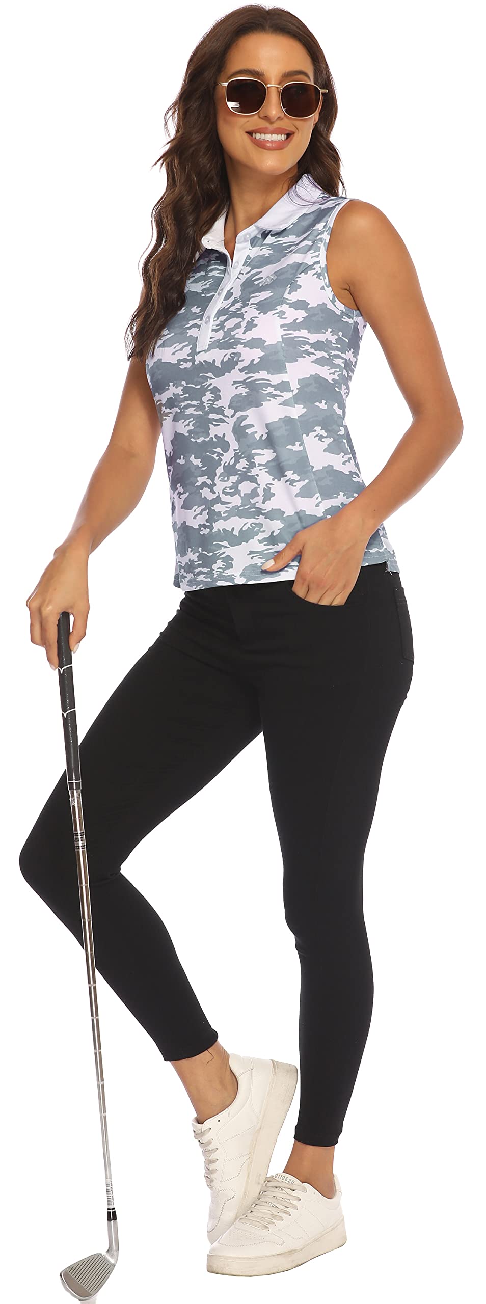 MoFiz Women's Golf Shirts Sleeveless for Summer UV Protection Dry Fit Sport Shirts with Collar Camo-Grey M