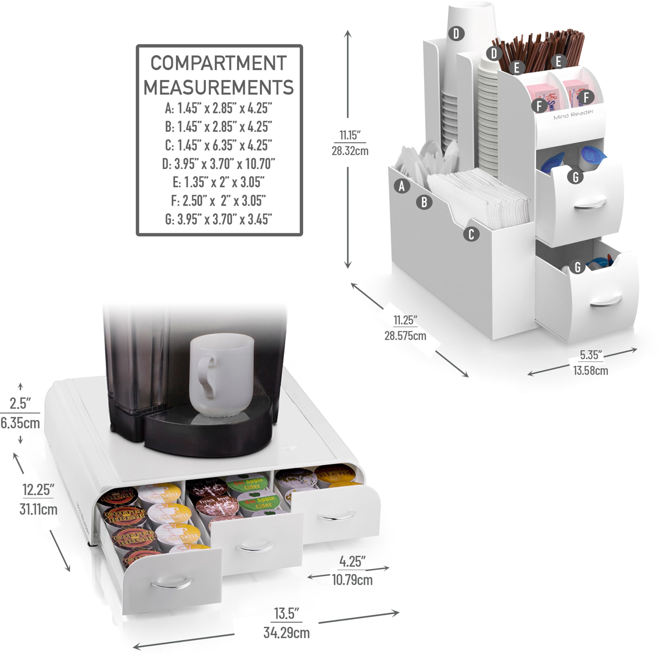 Mind Reader Single Serve Coffee Pod Drawer and Cup Condiment Set, 36 Pod Capacity, 5.35"L x 11.25"W x 11.15"H, 2 Pcs., White