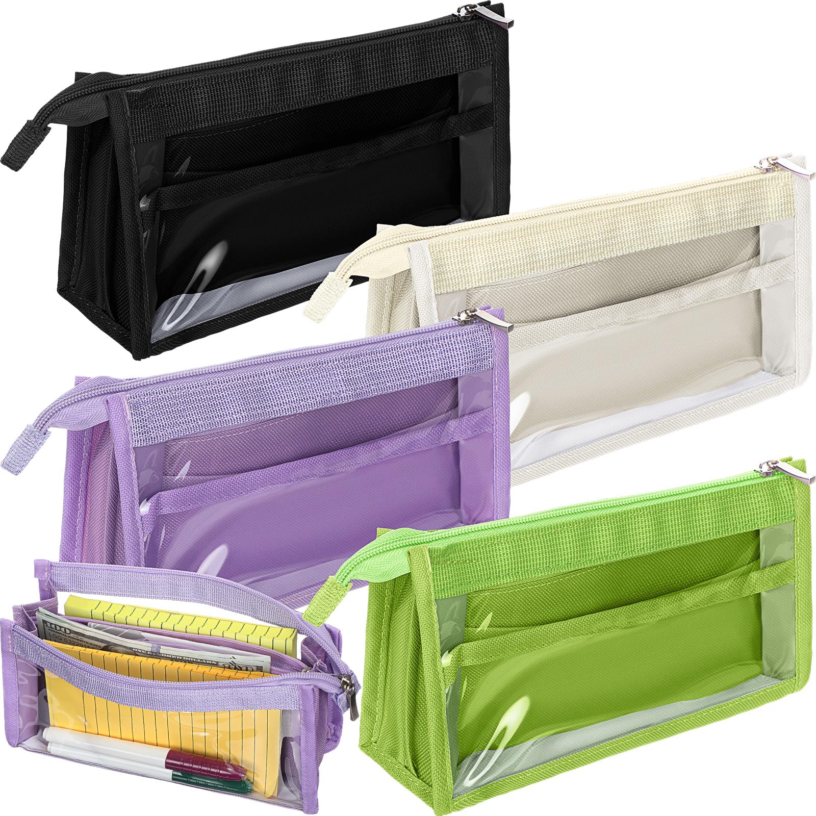 Sinload ββββ4 Pcs Pencil Case with Zipper Pencil Pouch for School 6 Layers Pencil Pouch Stationery Organizer Pencil Pouch Large Capacity for Pens, Makeup or Jewelry Violet, White, Black, Green